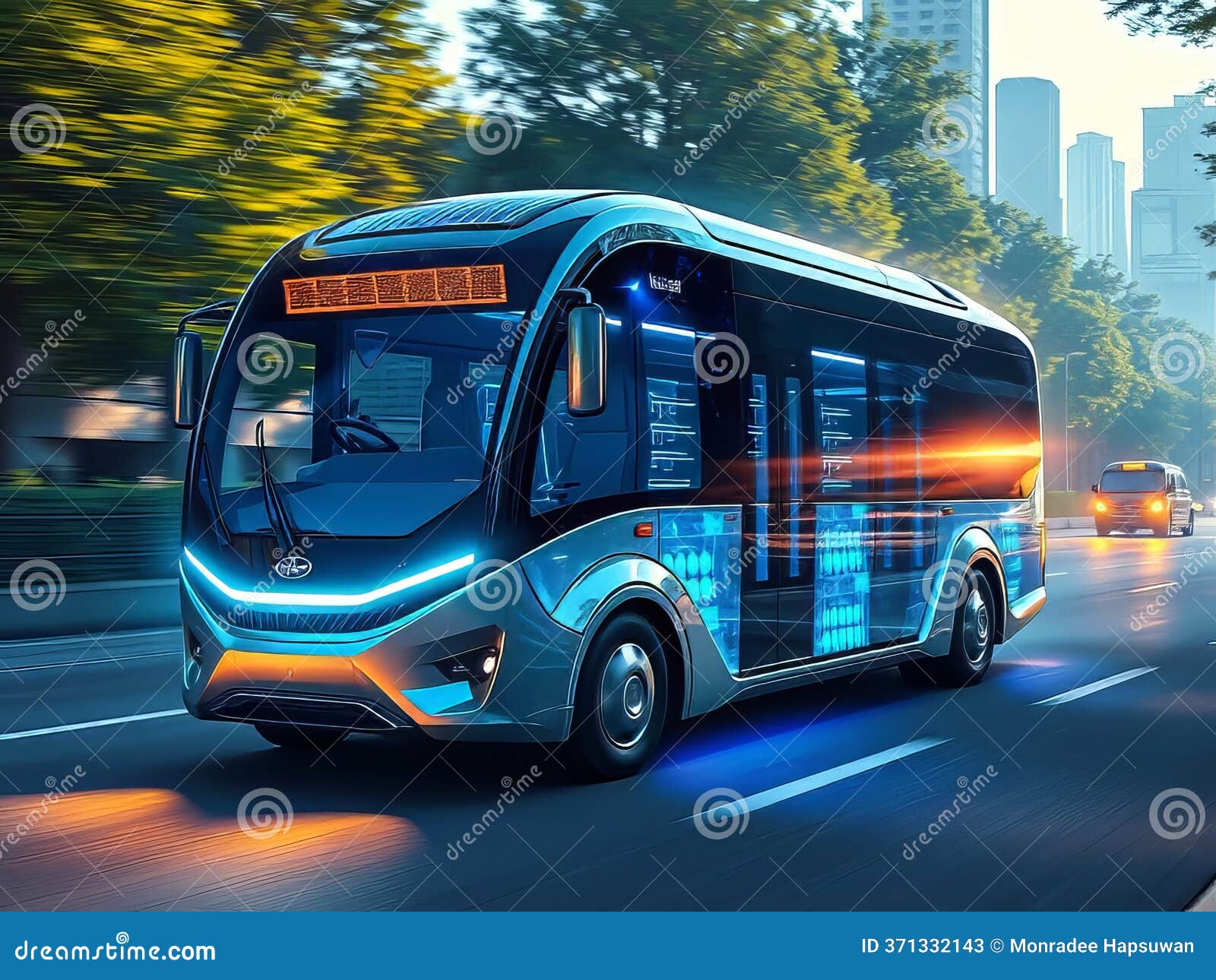 An Electric Autonomous Shuttle Bus Moves Along A Tree-lined City Street ...