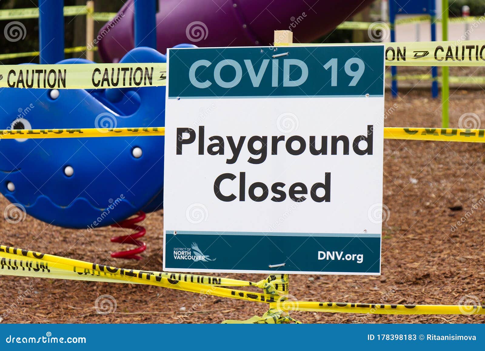 View of Sign Playground Closed Due To COVID-19Coronavirus in Panorama ...