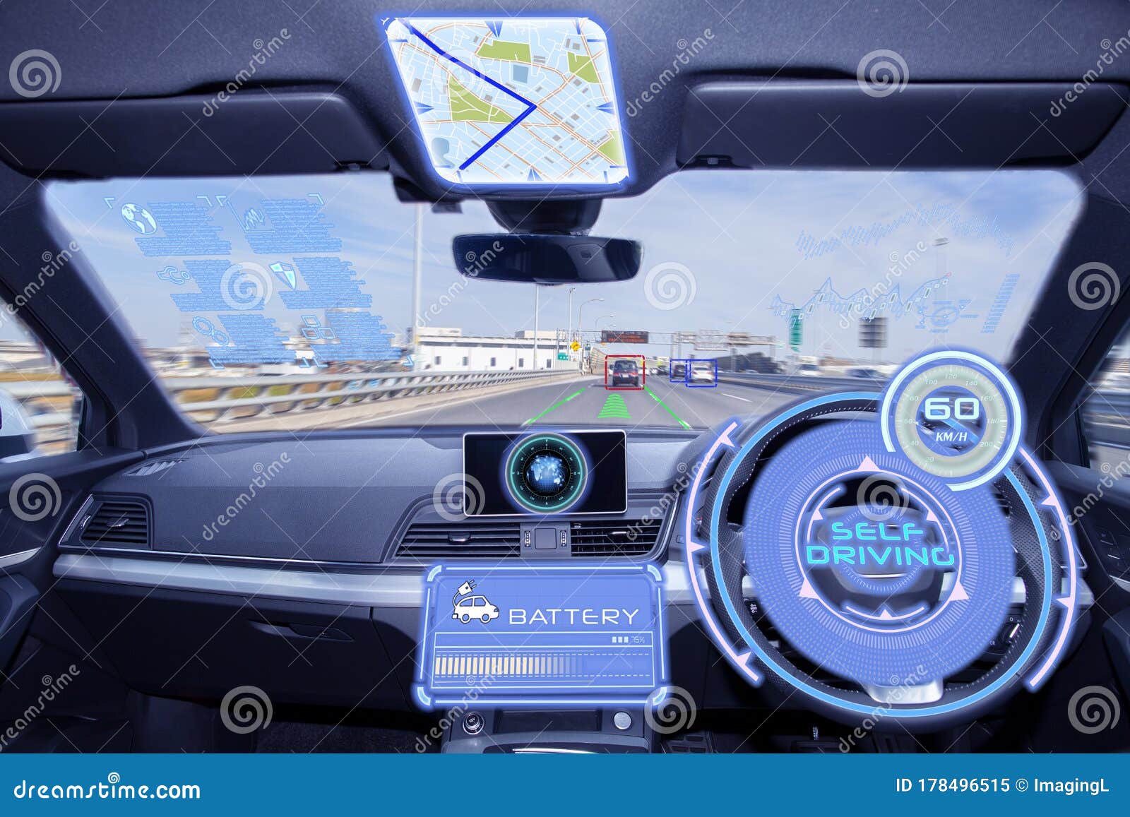 Smart Car HUD Concept. Empty Cockpit in Vehicle and Self-Driving Mode ...