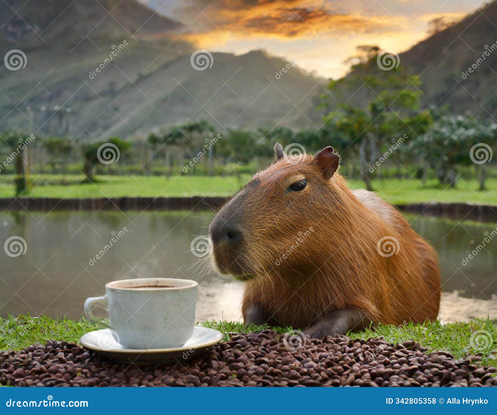 Capybara and Cup of Coffee and Coffee Beans. Cute Animal in Its Natural ...