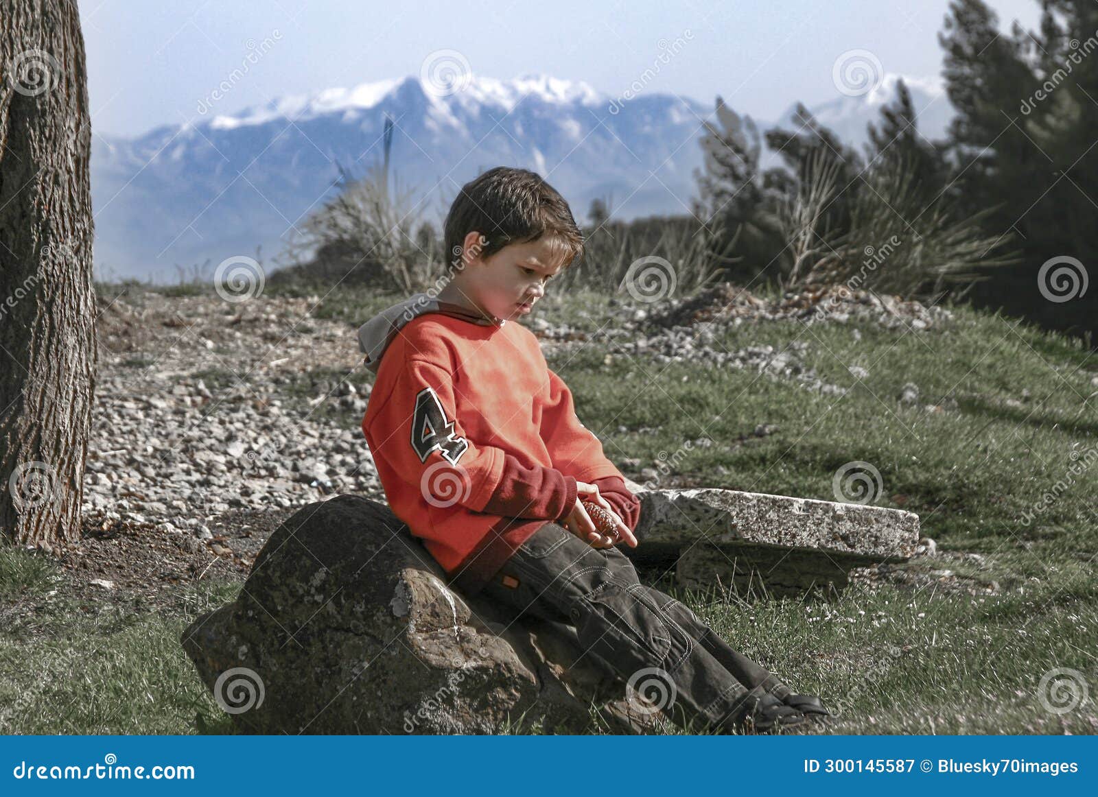 Skeptical Thinking Little Boy on Mountains Stock Image - Image of walk ...