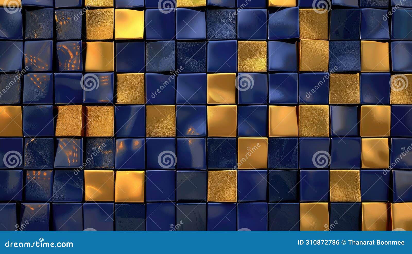 Immerse in a Luxurious Dark Blue and Gold Cube or Tile Mosaic Abstract ...