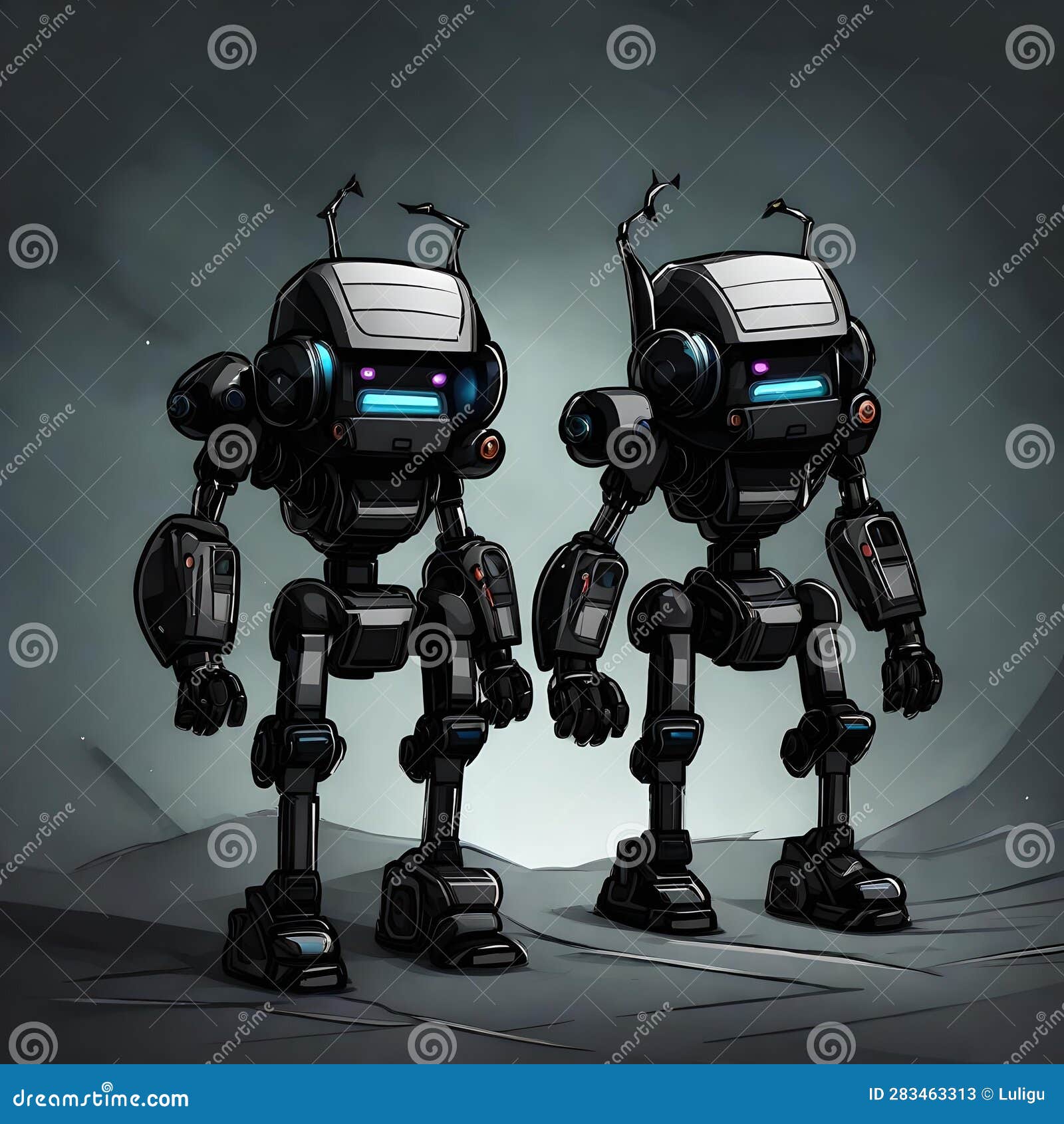 Glowing Unity: Robotic Duo in a Gray World Stock Illustration ...