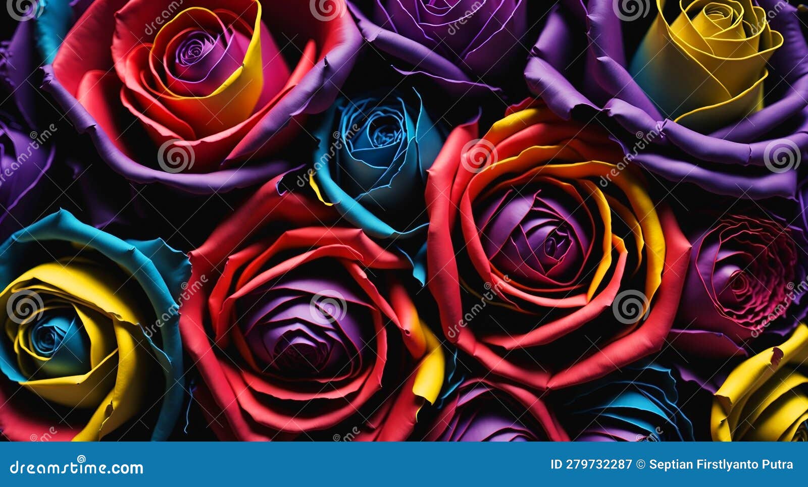 Closeup Image of Rainbow-Colored Roses in Full Bloom Stock Illustration ...