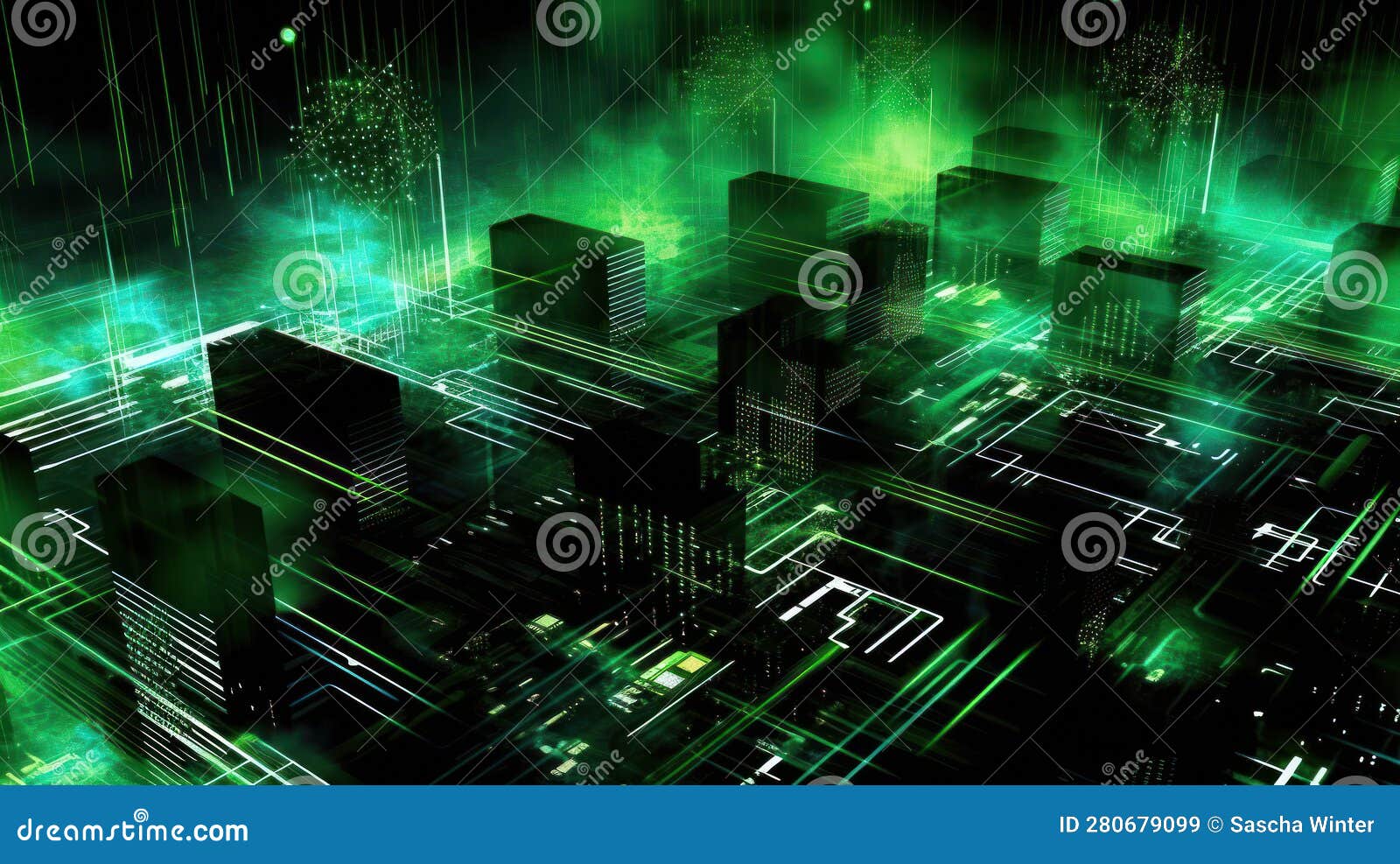 Emerald Techscape: a Vibrant Fusion of Technology and Nature Stock ...