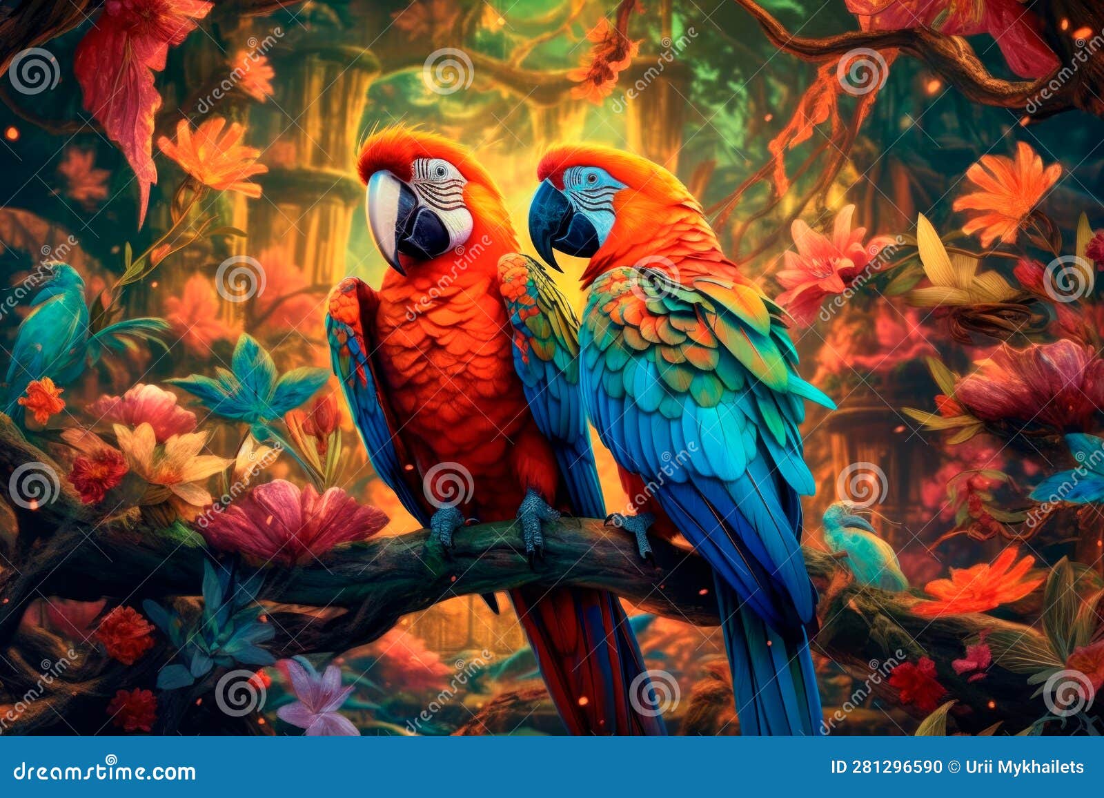 Enchanted Aviary: Interactive Parrot Art in the Vibrant Jungle Stock ...