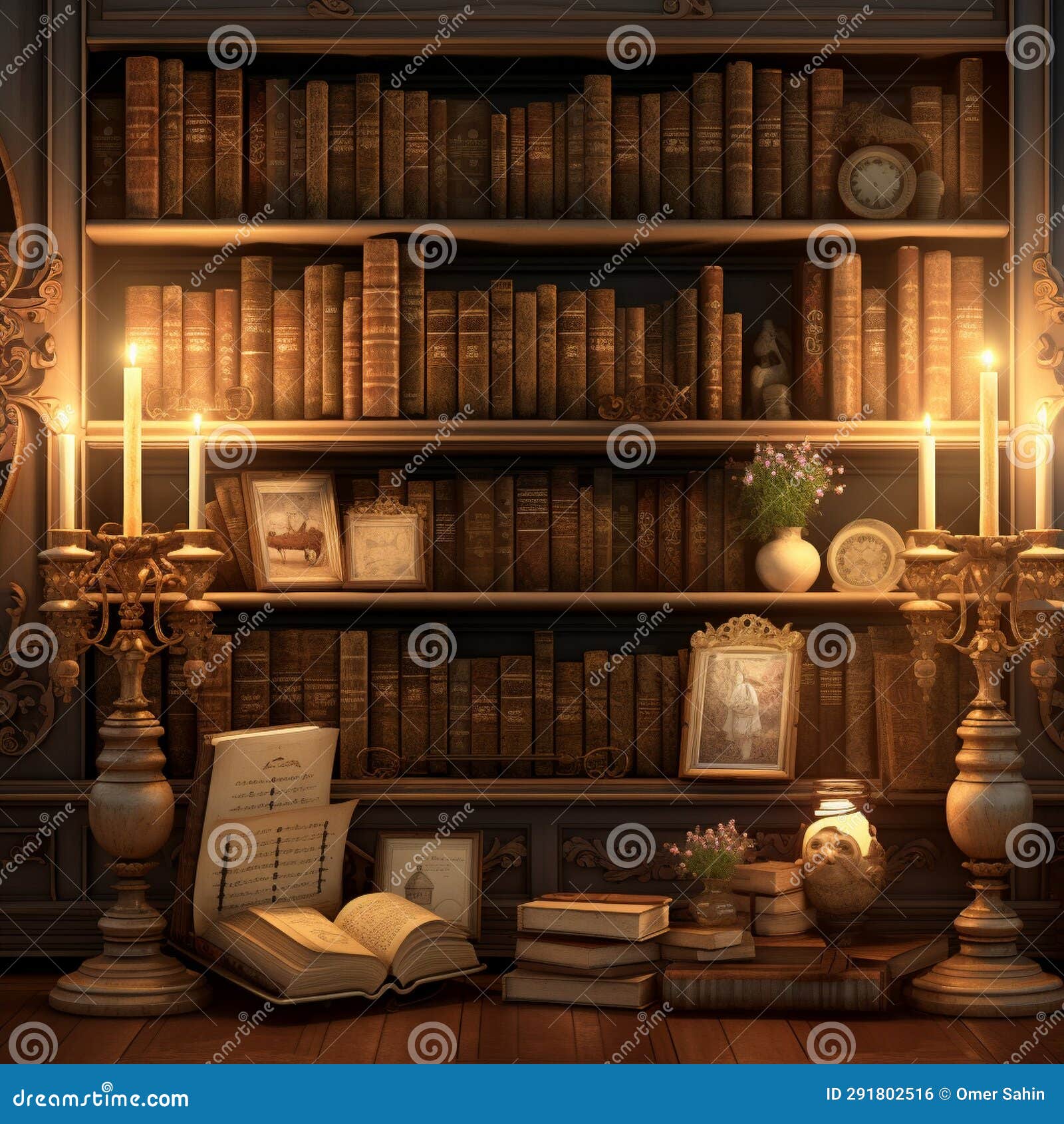 Idealized Digital Illustration of Antique Bookshelf Stock Photo - Image ...