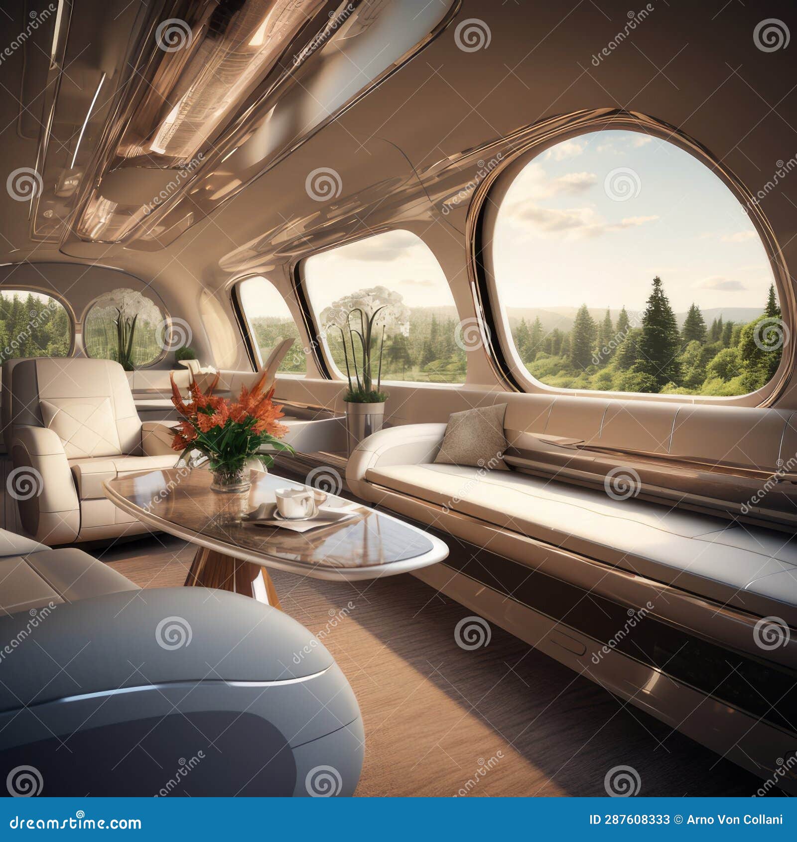 Blimp Elegance: Luxurious Interior with Panoramic Forest Views Stock Illustration - Illustration ...
