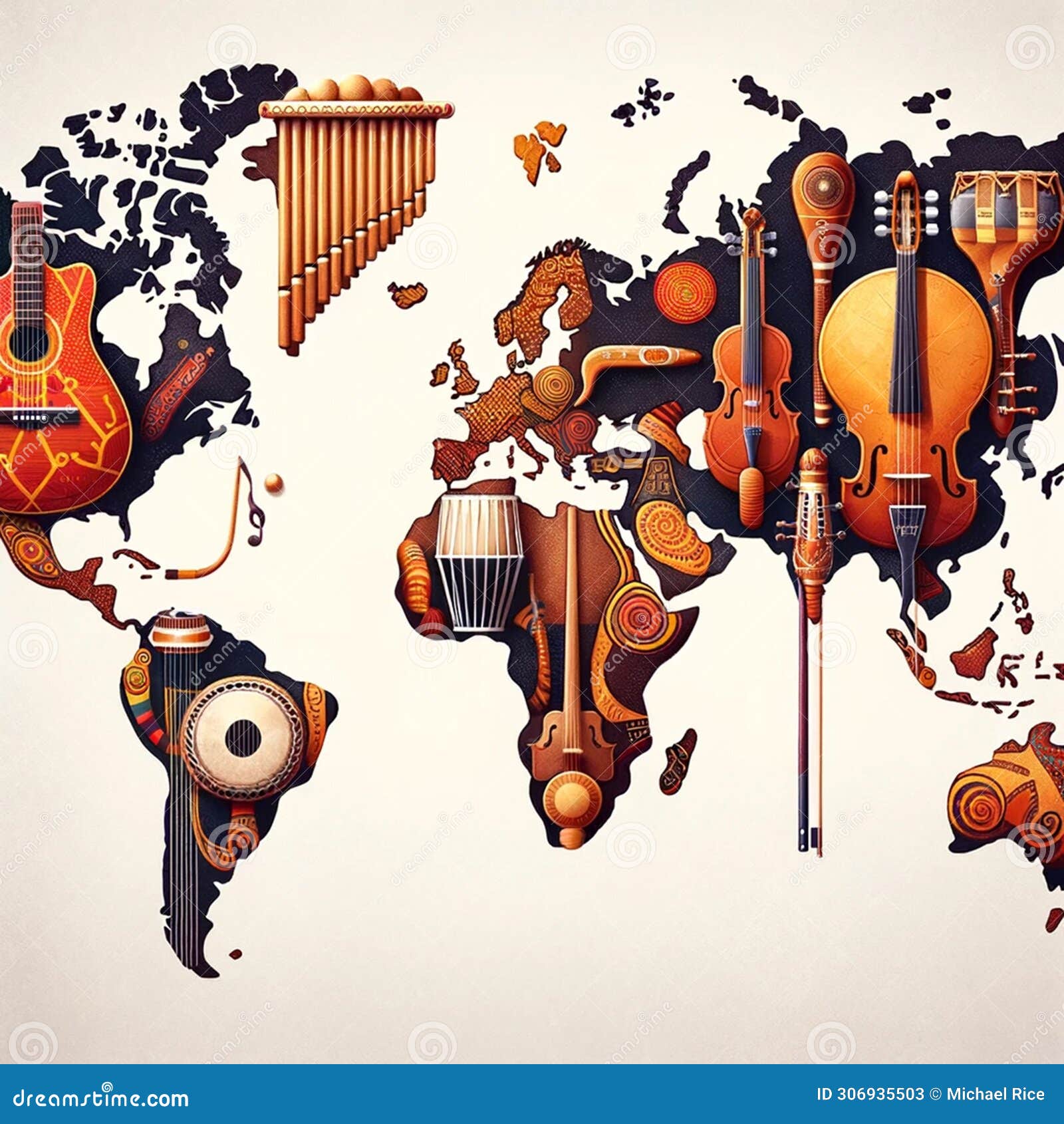 Musical Cartography: World Map Harmonized with Instruments Stock ...