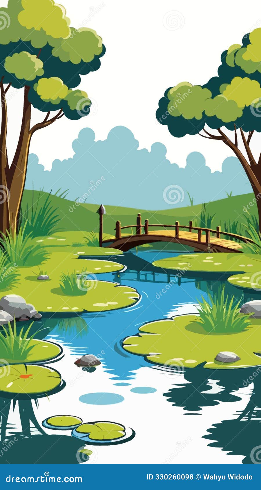 Pond with Grass and Trees Cartoon Drawing Artwork Vector Ai Generated ...