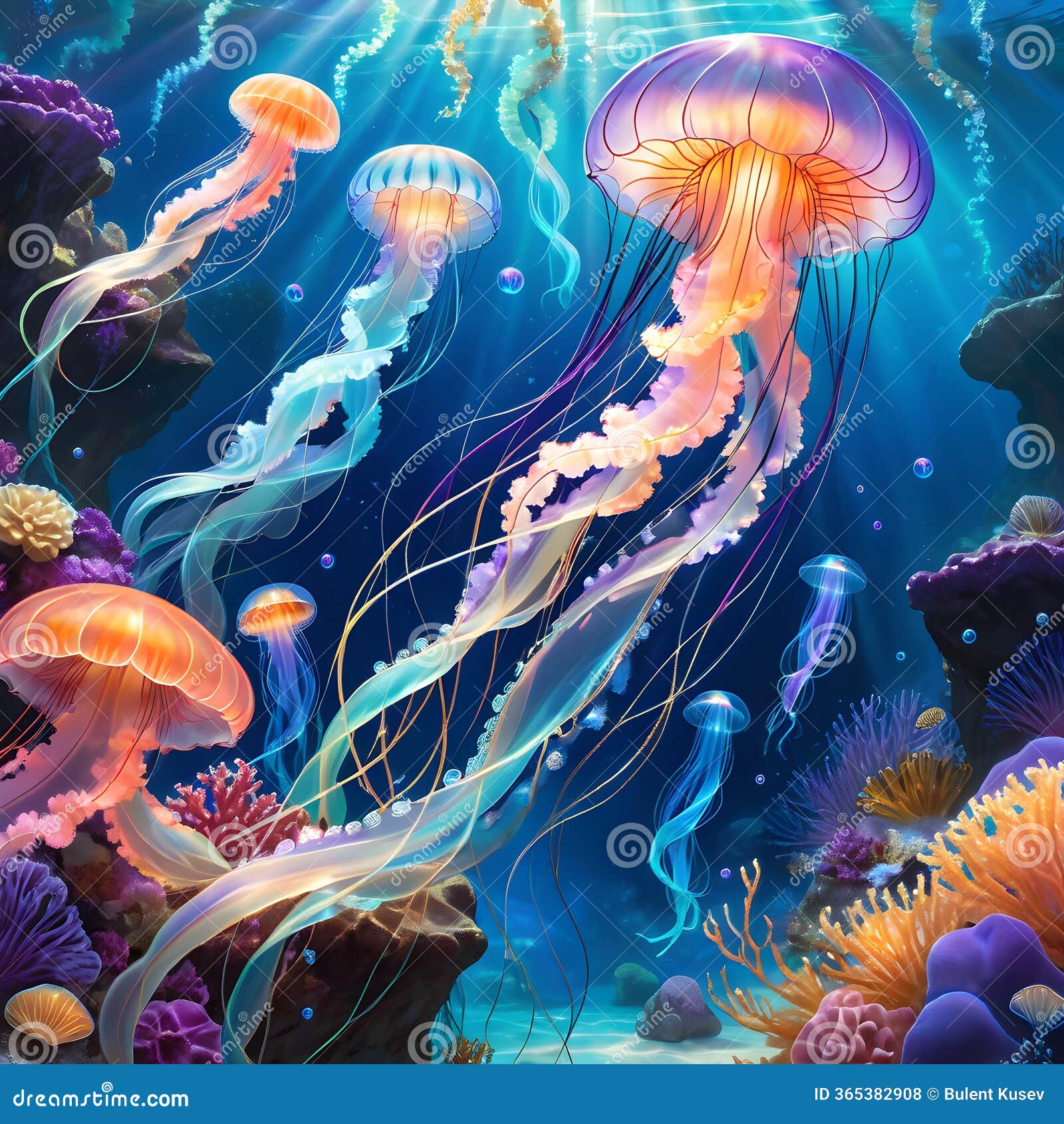 Ethereal Jellyfish Gliding Through Vibrant Cosmic Ocean Illuminated By ...