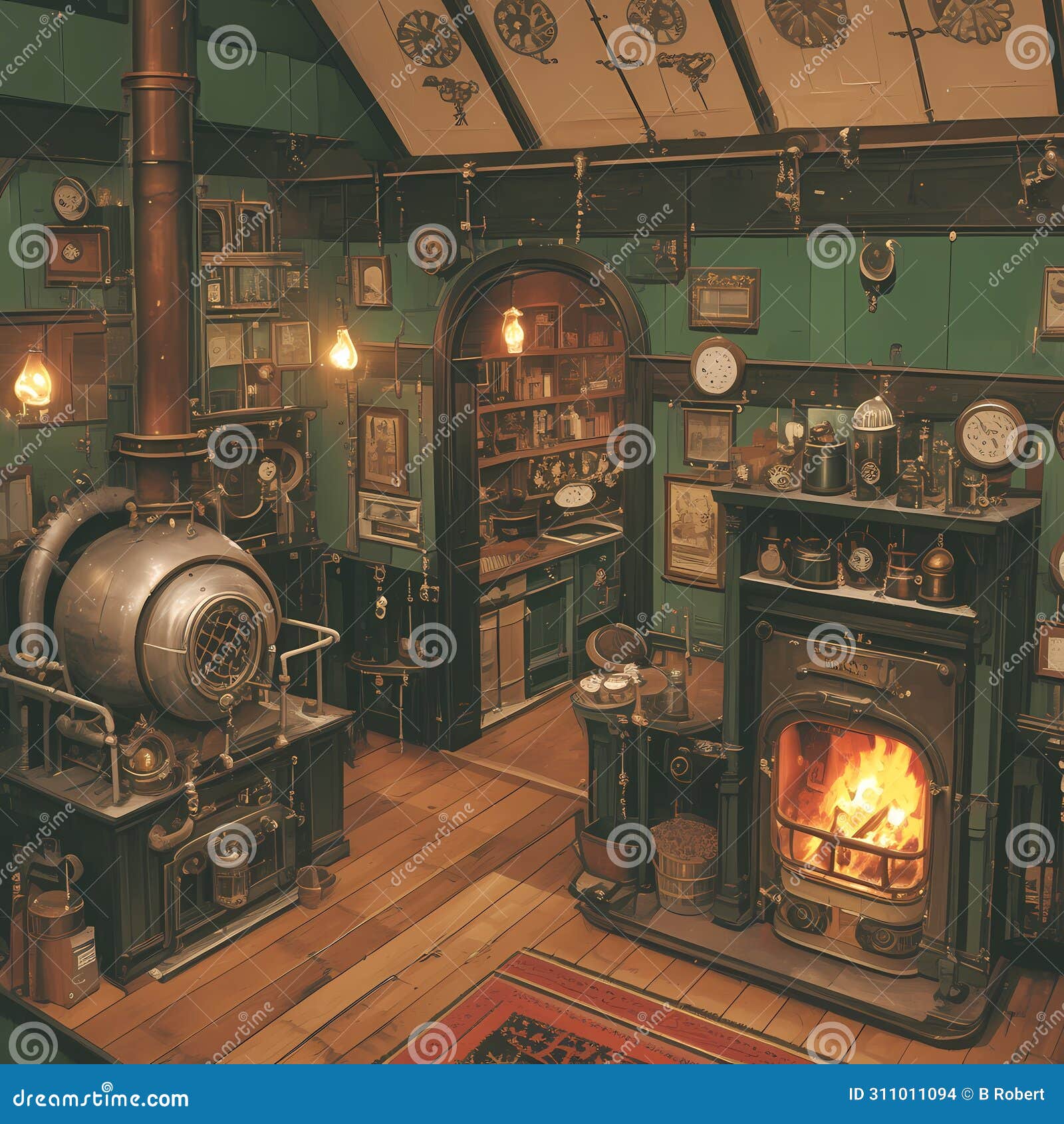 Steampunk Home Interior: Cozy Retreat Stock Illustration - Illustration ...