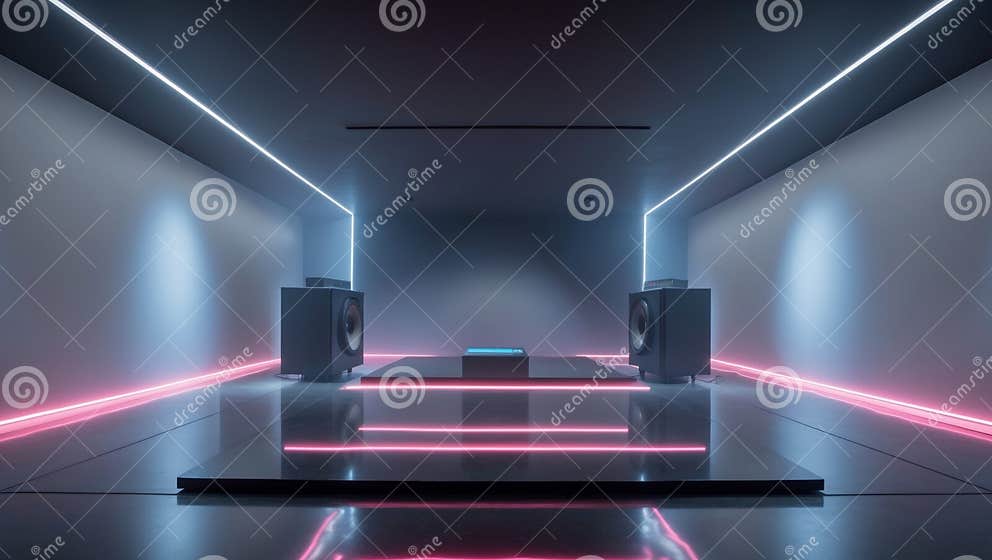 Immersive Audio-visual Room with Neon-lit Basement. Stock Image - Image ...