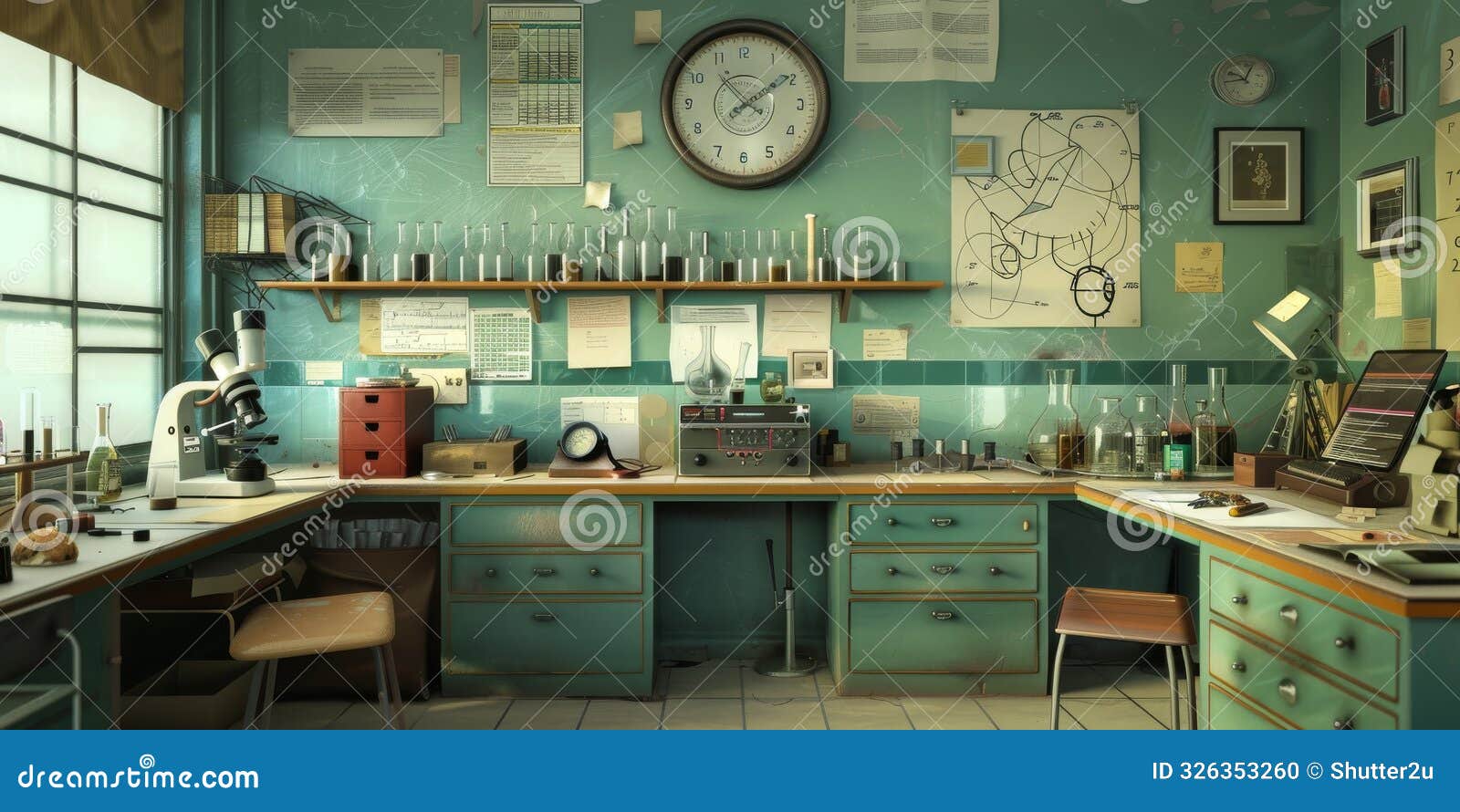 An Immersive 3D Depiction of a 1950s Science Lab with Test Tubes ...