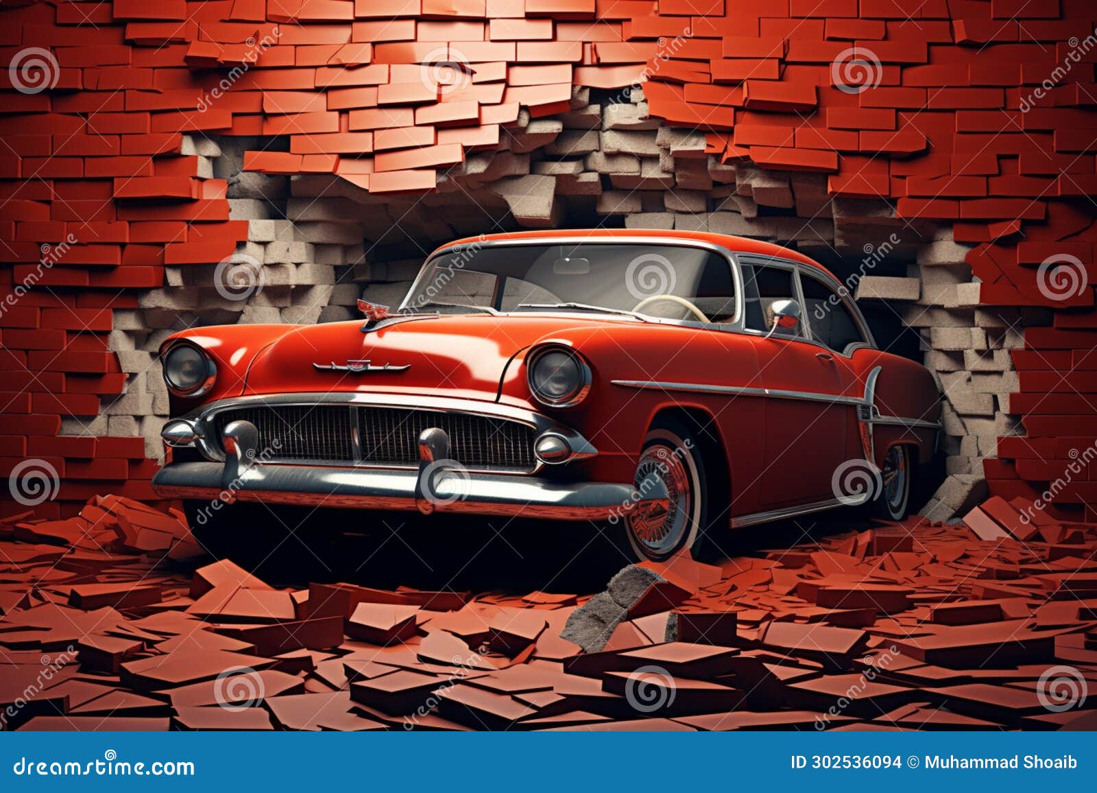 Immersive 3D Mural Broken Wall, Red Car, World Map Backdrop Stock ...