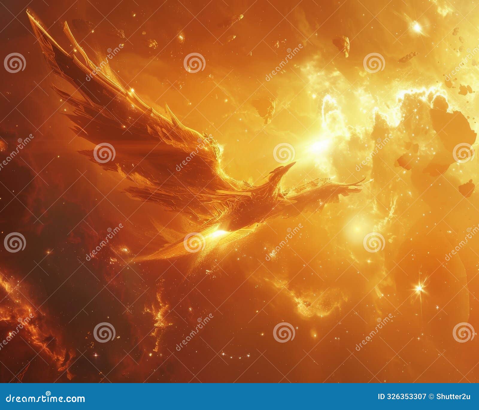 An Immersive 3D Scene of a Starship Shaped Like a Phoenix Rising from ...