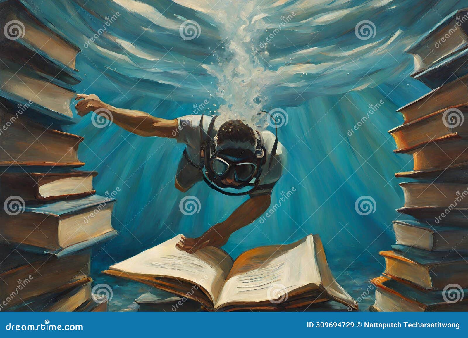 Immersive Learning Diving into the World of Books Stock Illustration ...