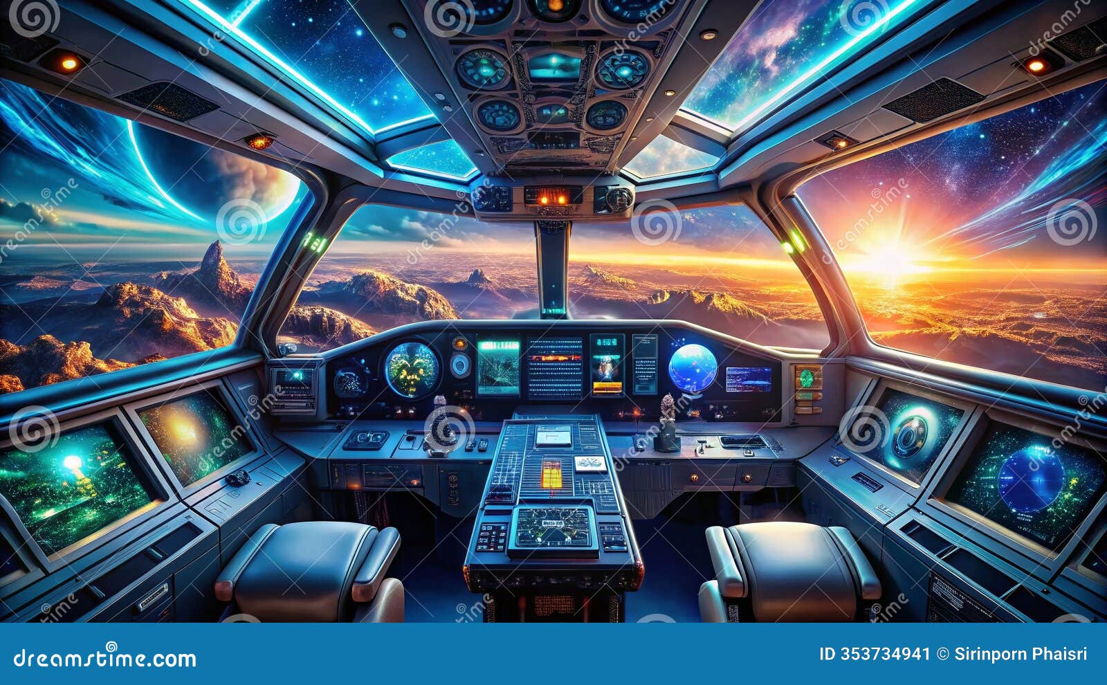RED VR Cockpit With HUD Interface And Virtual Cyberspace. Virtual ...