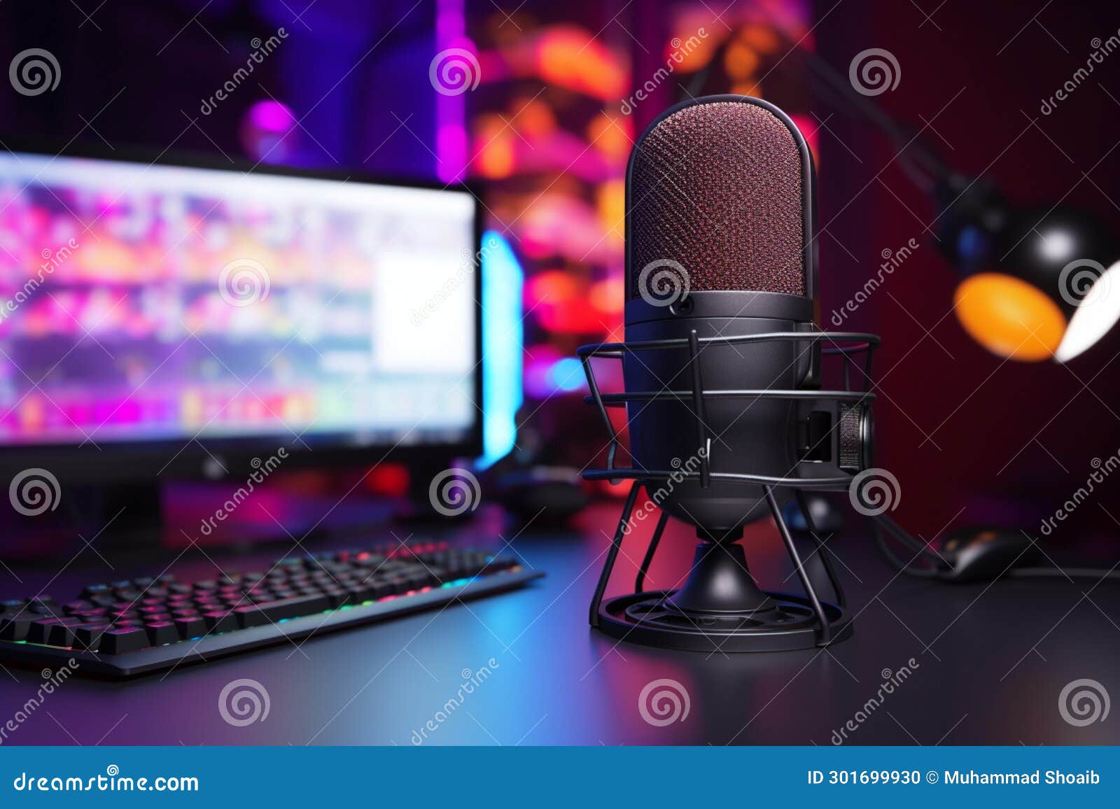 Immersive Setup 3D Render, Close Up Microphone with Gaming Computer ...