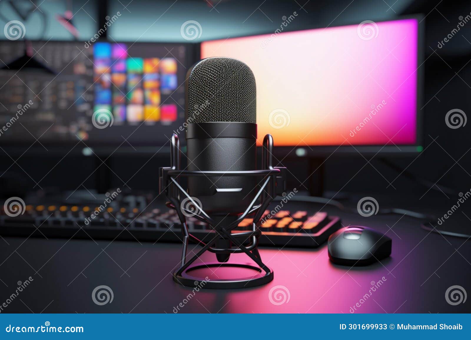 Immersive Setup 3D Render, Close Up Microphone With Gaming Computer ...
