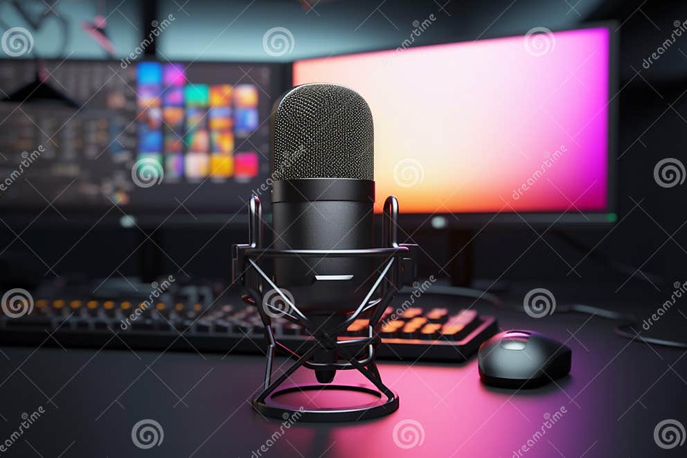 Immersive Setup 3D Render, Close Up Microphone with Gaming Computer ...