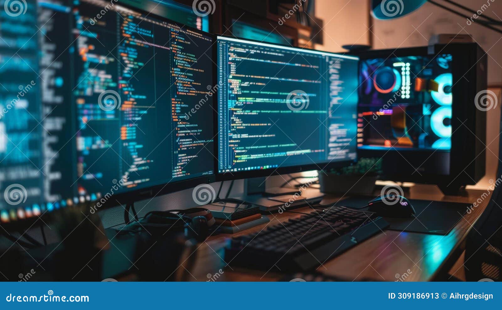 Tech Workplace with Multiple Programming Screens Stock Illustration ...