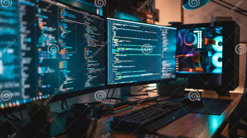 Tech Workplace with Multiple Programming Screens Stock Illustration ...