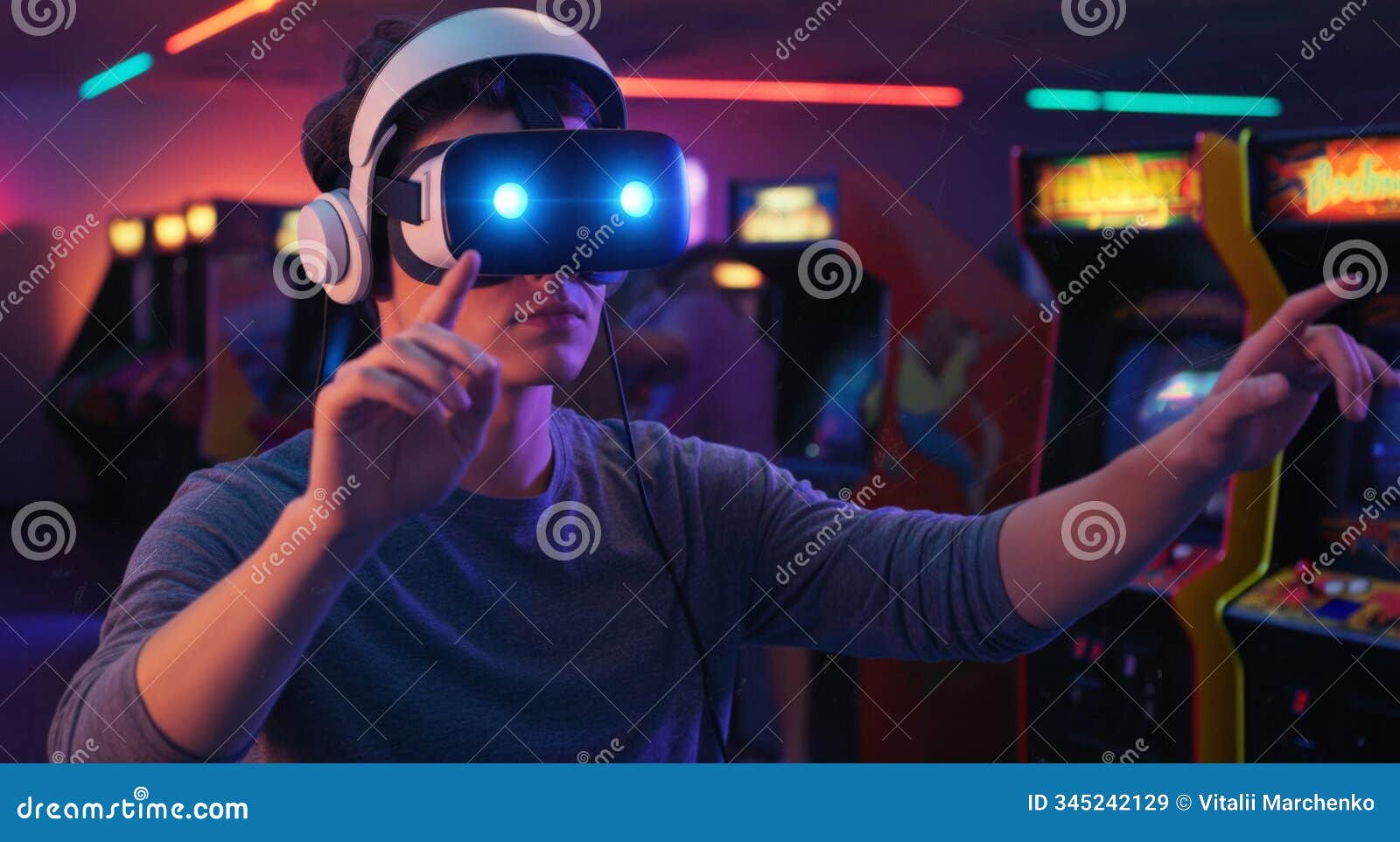 Immersive Virtual Reality Experience in Retro Arcade Setting Stock ...