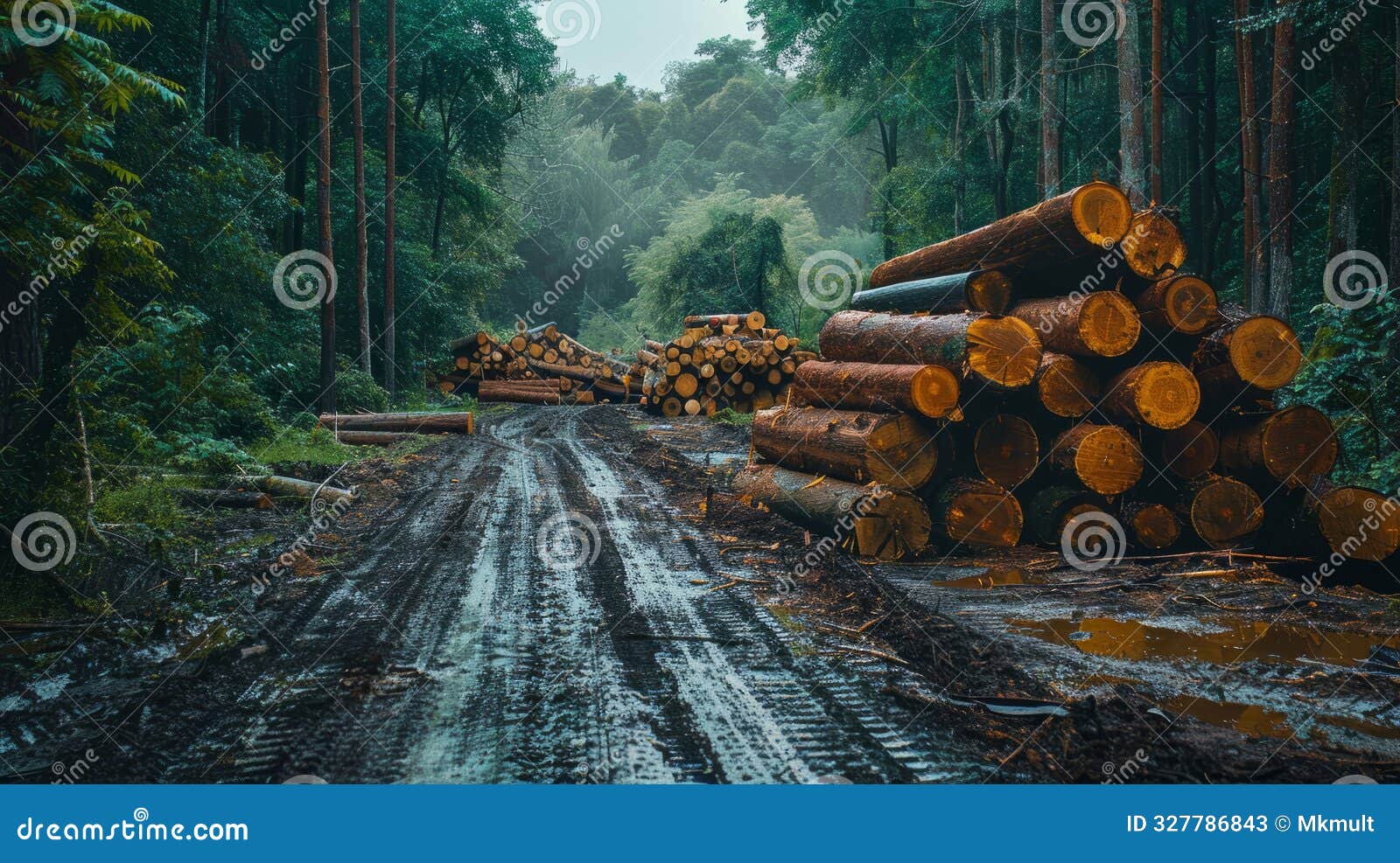 The Impact of Deforestation is Visible in the Stacks of Logs and Muddy ...