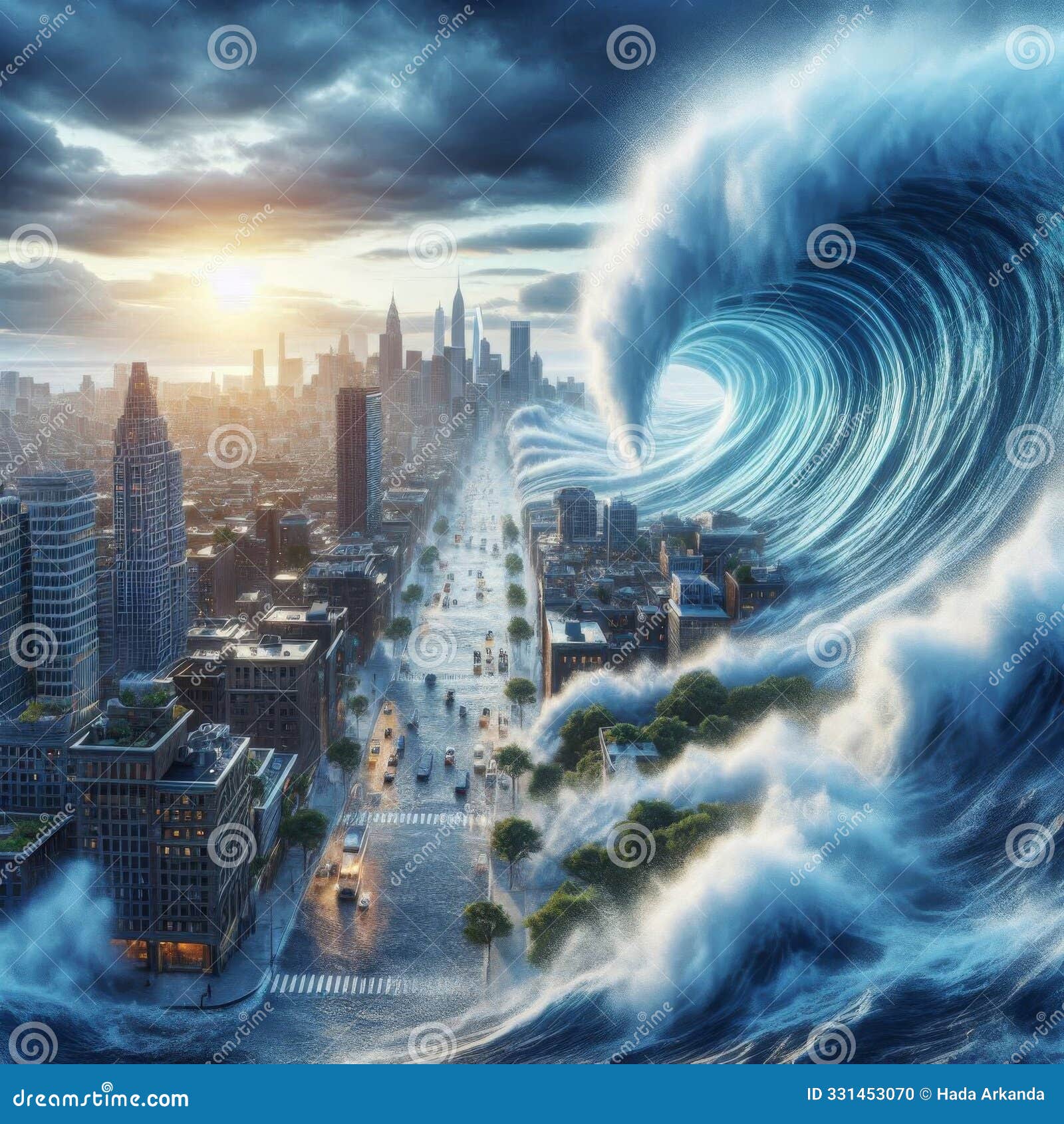 Impending Tsunami Wave In 3D Threatening Cityscape Royalty-Free Stock ...
