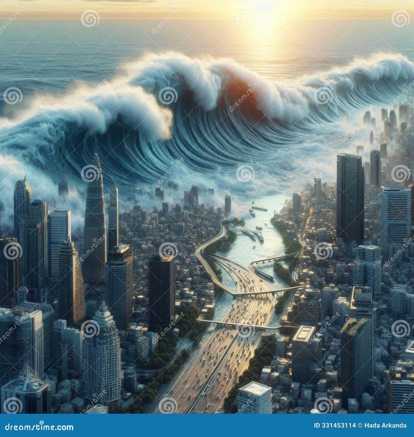 Impending Tsunami Wave In 3D Threatening Cityscape Royalty-Free Stock ...