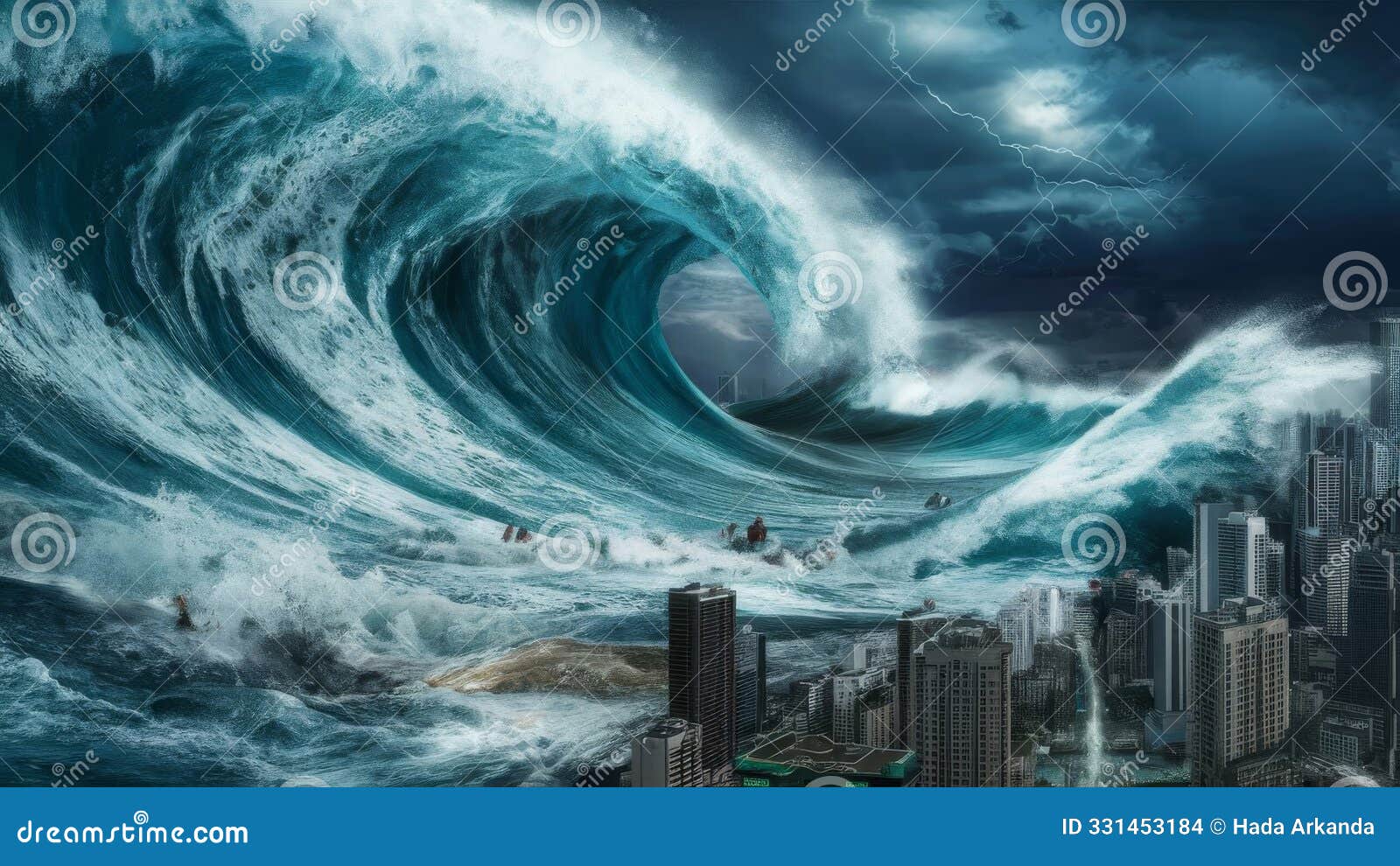 Impending Tsunami Wave In 3D Threatening Cityscape Royalty-Free Stock ...