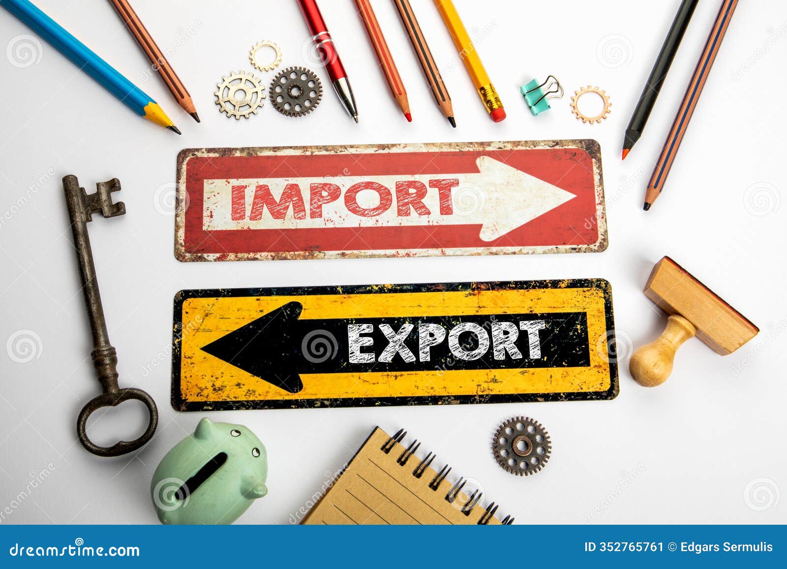 Import and Export. Red and Yellow Directional Arrow with Text Stock ...
