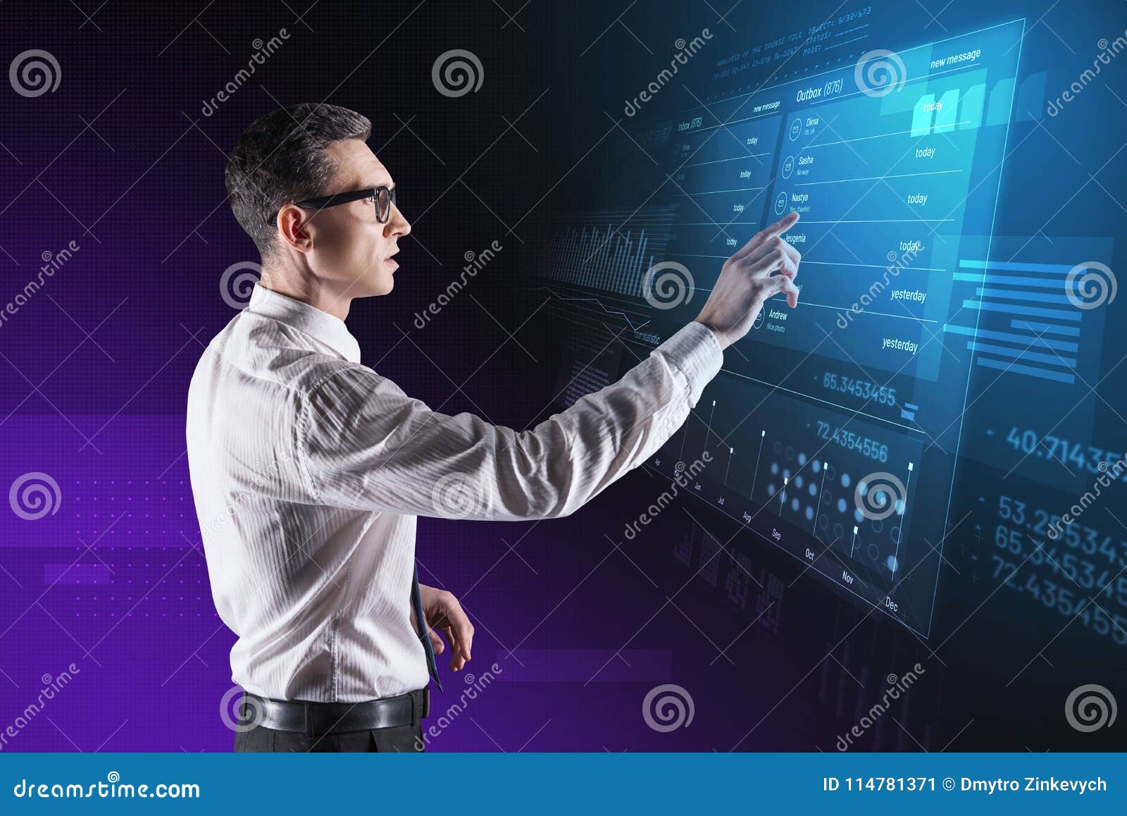 Calm Data Scientist Pointing To a Transparent Screen while Working ...