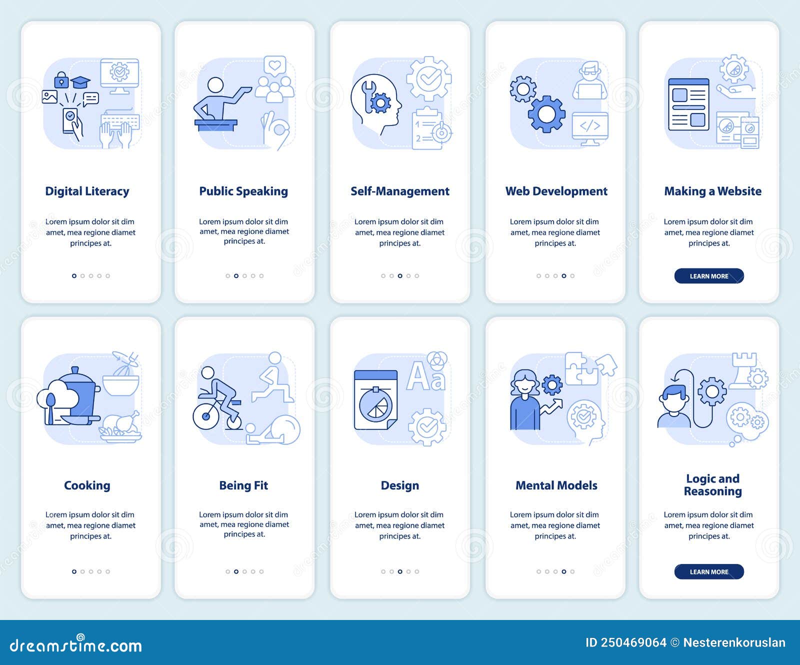 Important Life Skills Light Blue Onboarding Mobile App Screen Set Stock
