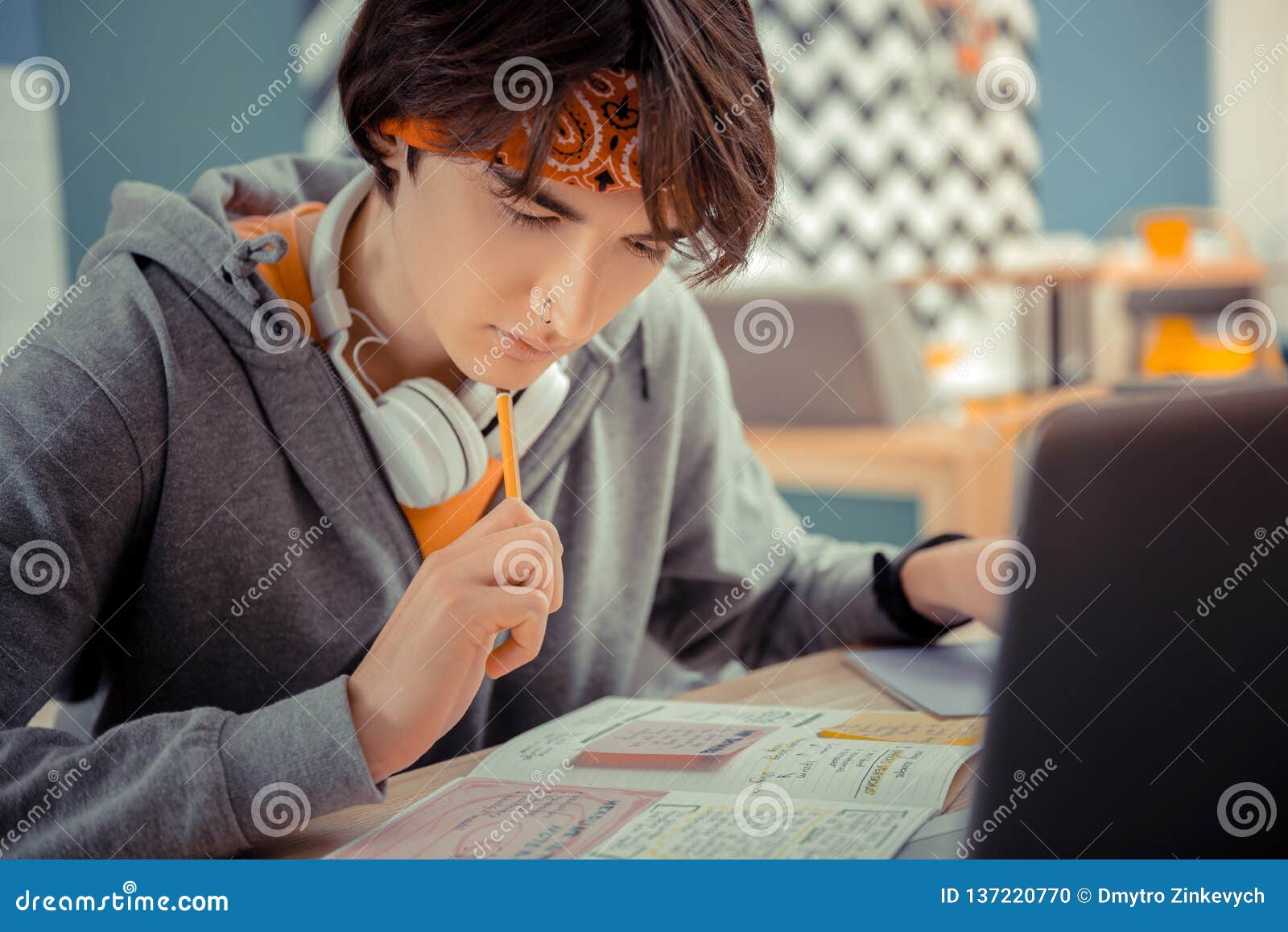 Concentrated Student Thinking on His Difficult Hometask Stock Photo ...