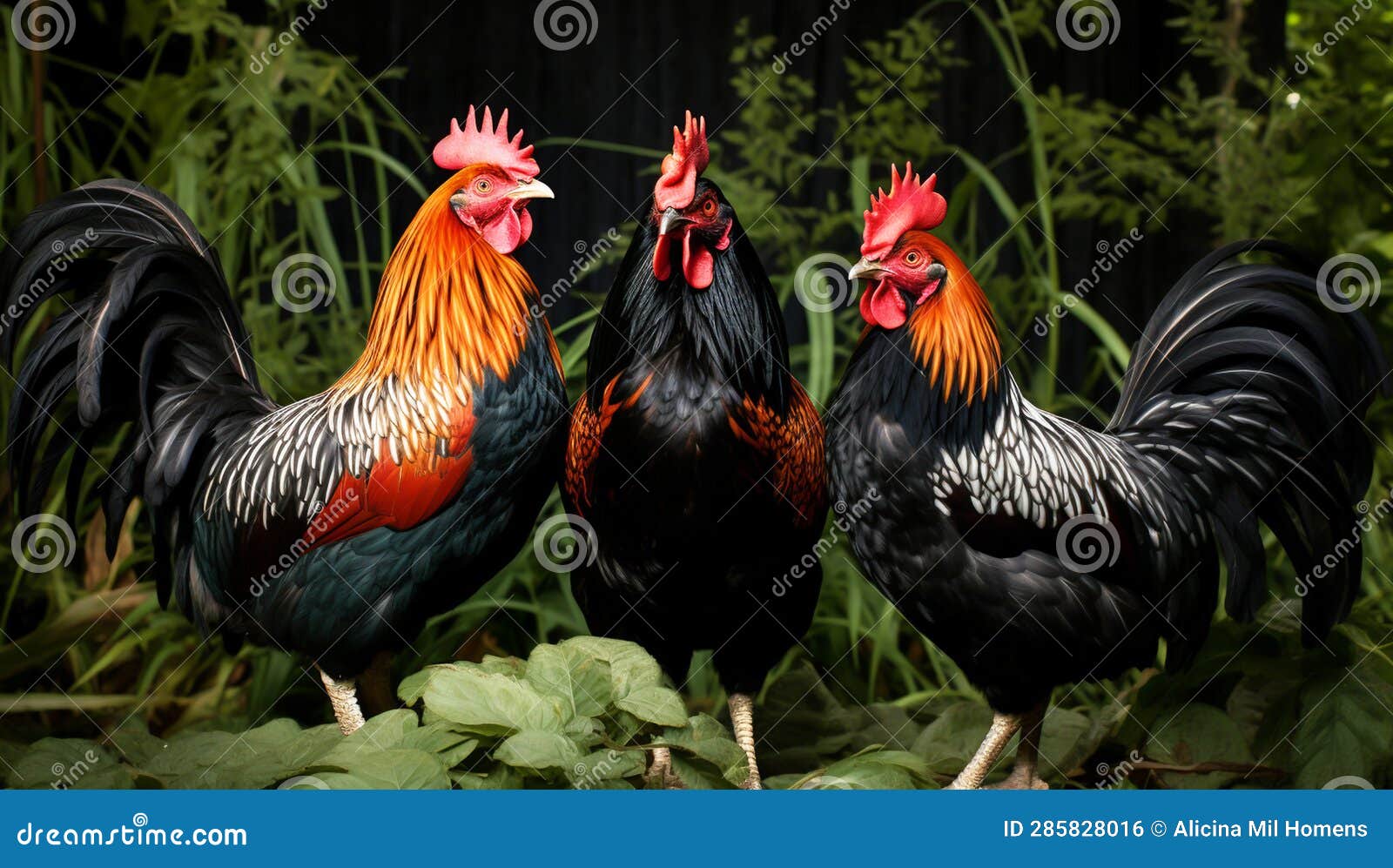 Imposing Black Roosters In The Grass. AI Generated Royalty-Free Stock ...