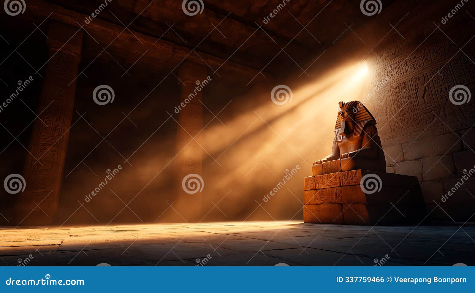 Imposing Lion Statue In An Ancient Temple, Illuminated By Soft Rays Of ...