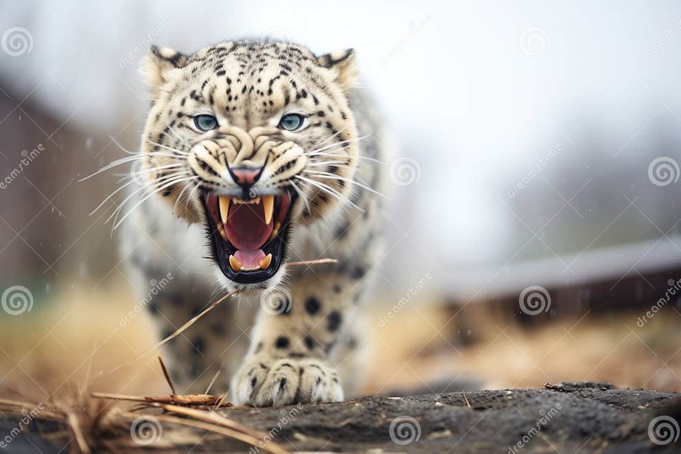Imposing Snow Leopard Roar Captured in Open Wilderness Stock Image ...