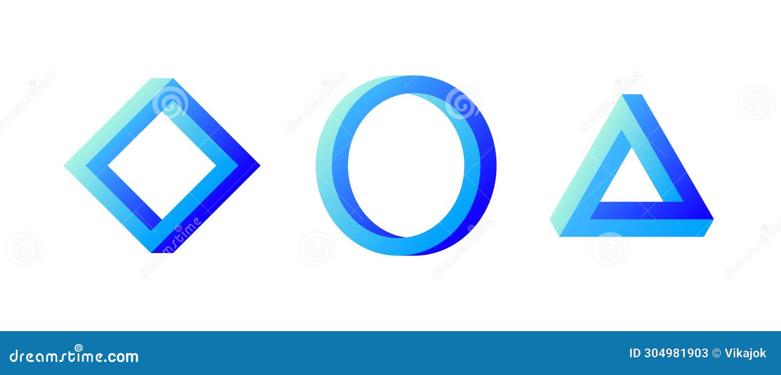 Impossible Shape Set. Optical Illusion Circle, Square, Triangle. Blue ...