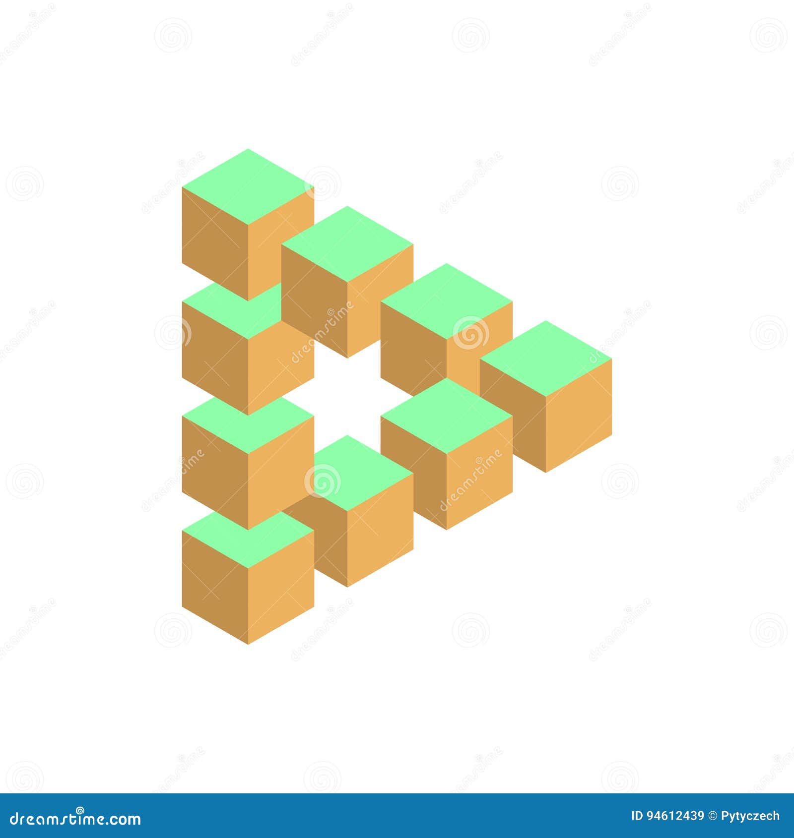 Impossible Triangle In Three Different Colors. 3D Cubes Arranged As ...