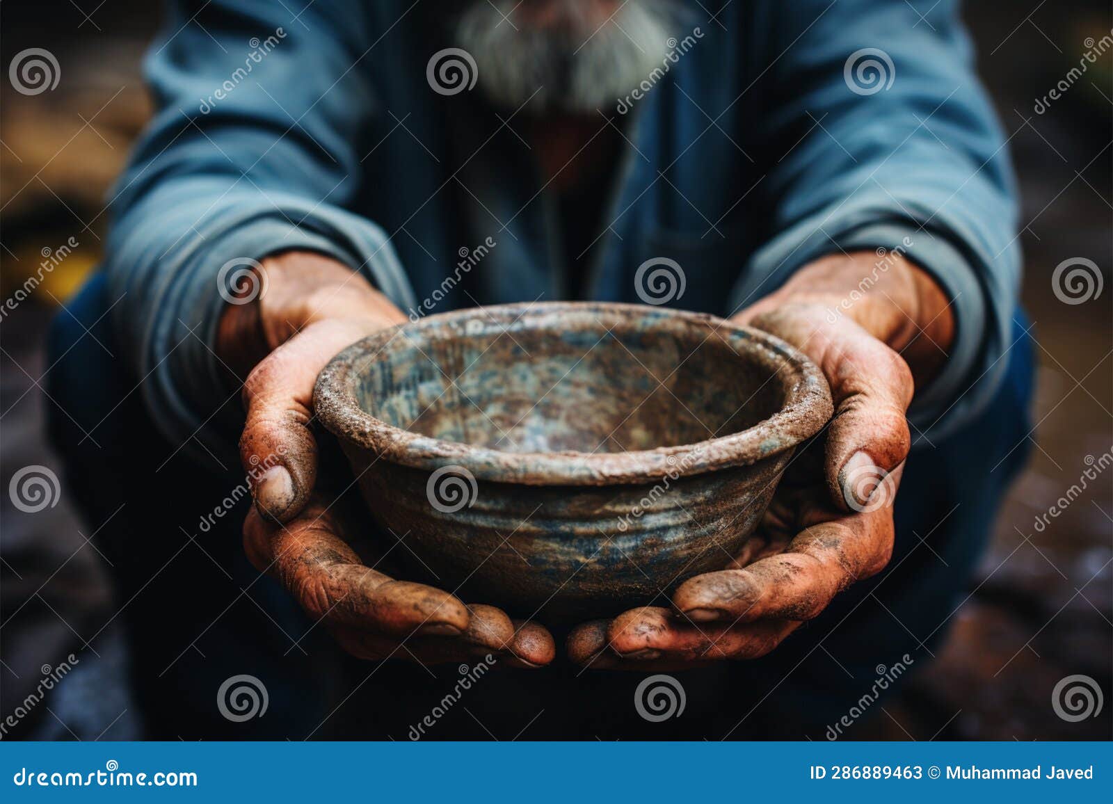Impoverished Hands Cradle Empty Bowl, Selective Focus Underlining ...