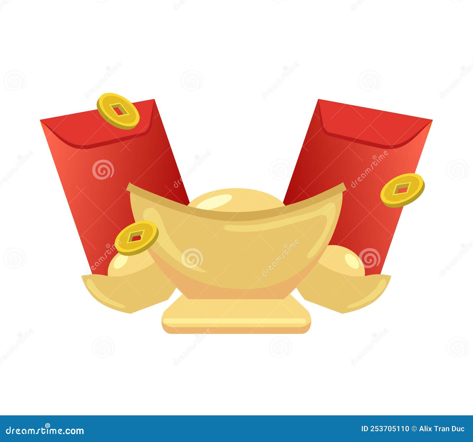 Lunar New Year Gold Ingots Sycees with Red Envelopes Hong Bao Stock ...