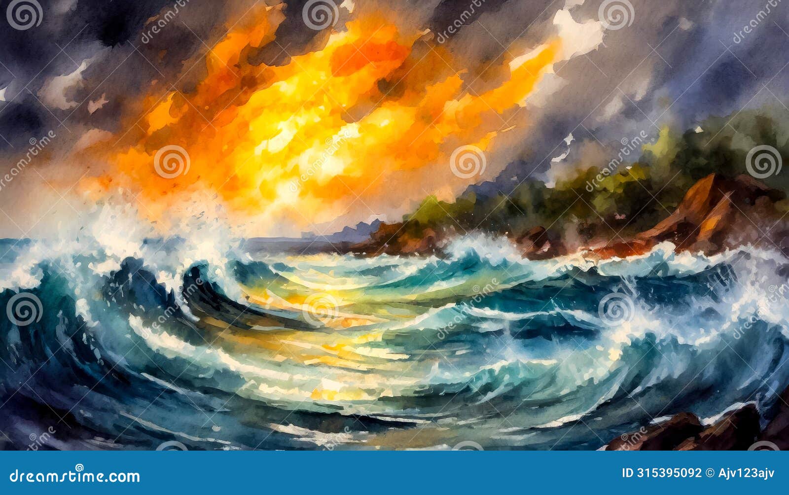 An Impressionist Painting Style Image of a Storm at Sea and a Ragging ...