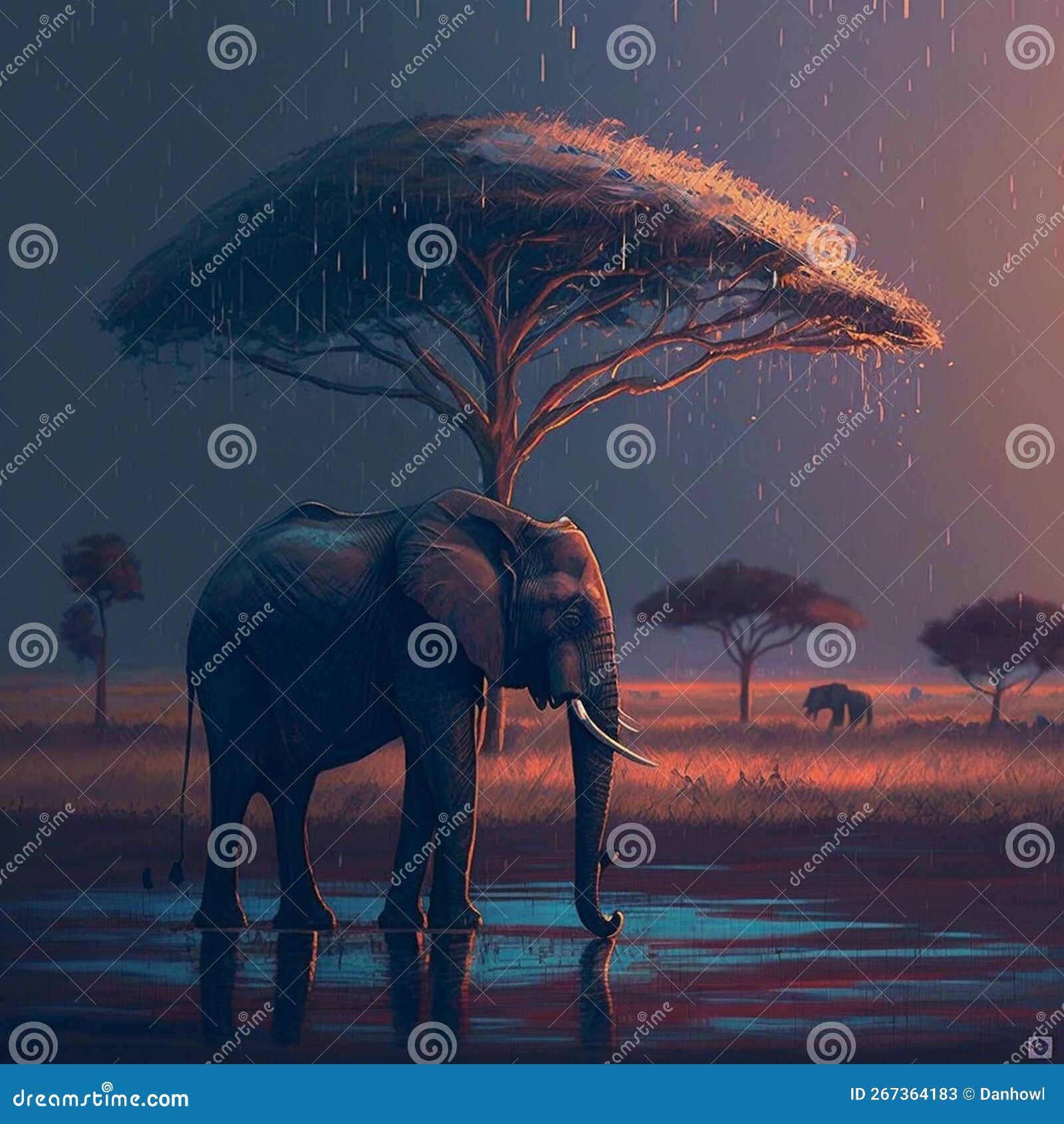 Impressionistic Illustration of Single Elephant at Savannah Watering ...