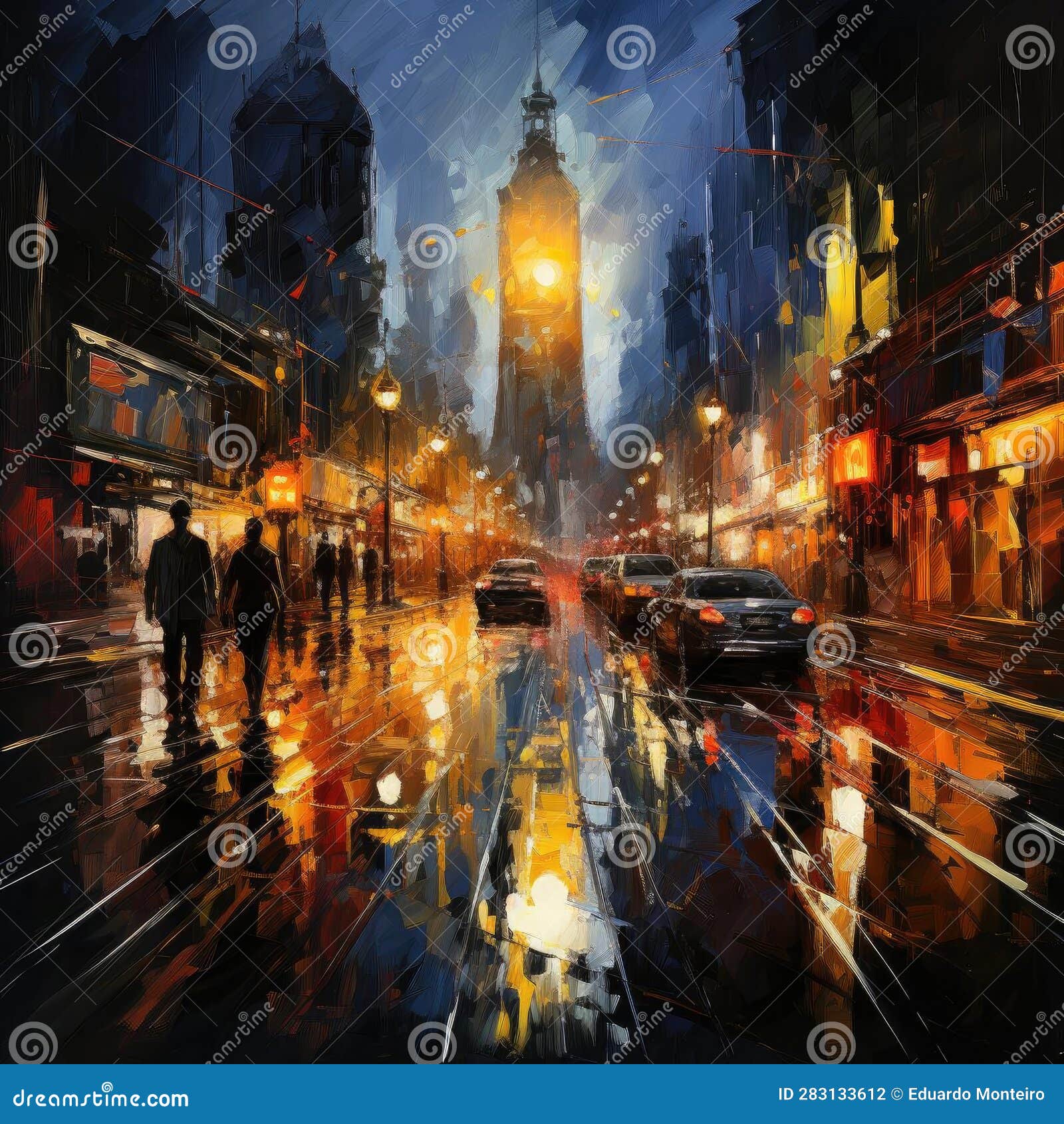 Impressionistic Painting of a Nighttime City Scene with a Clock Stock ...