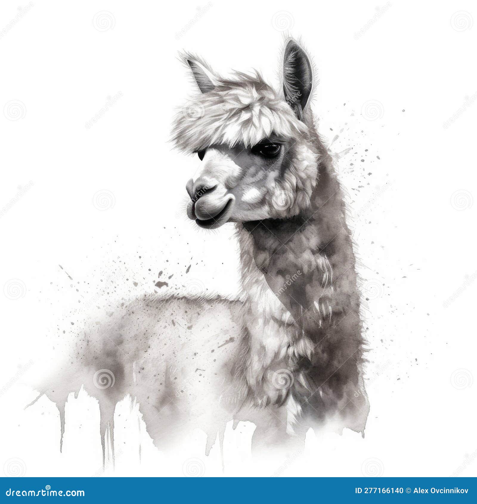 Impressionistic Realistic Alpaca in Blackwork Style on White Background ...