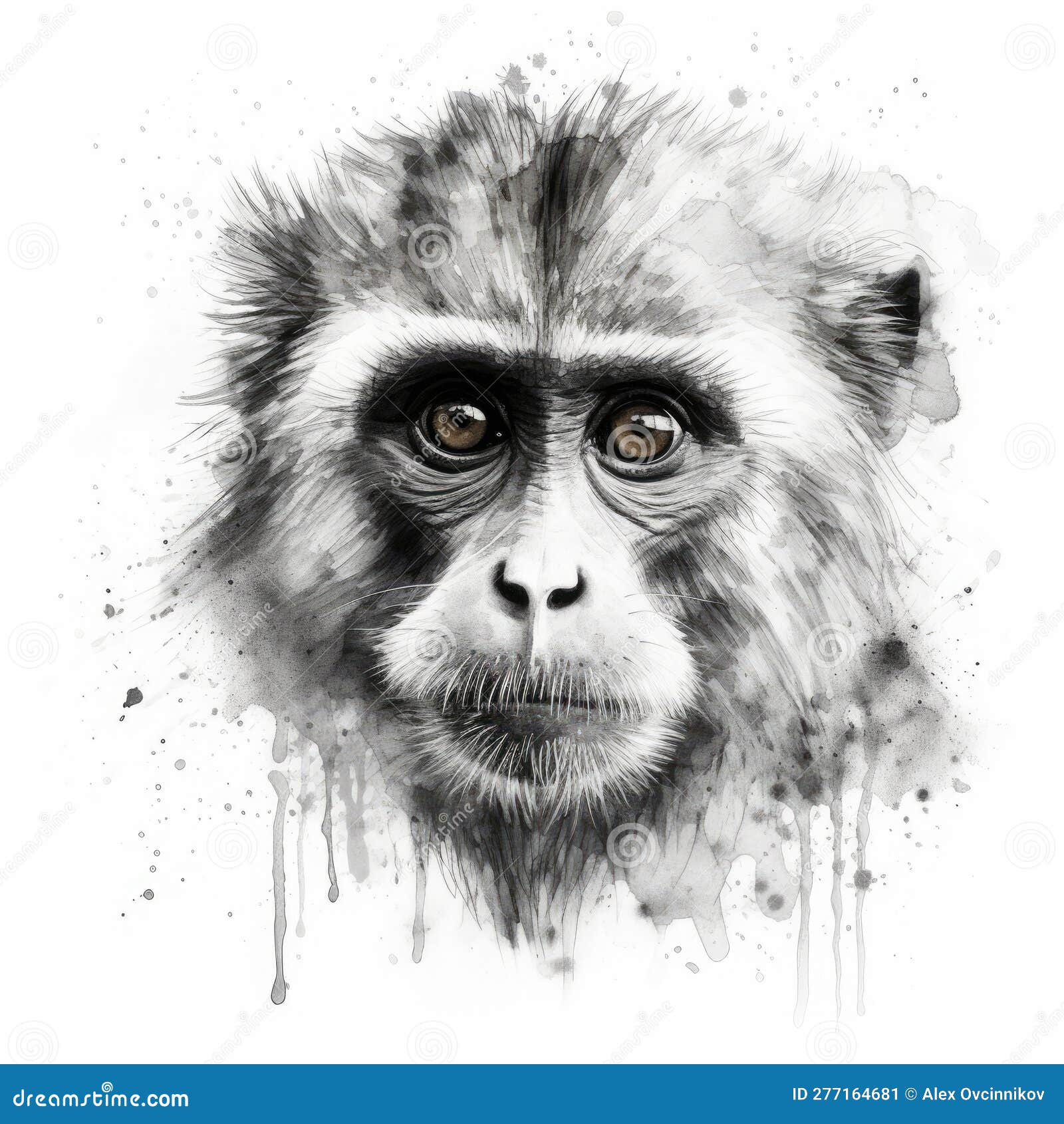 Impressionistic Realistic Blackwork Style of an Asian Monkey on White ...