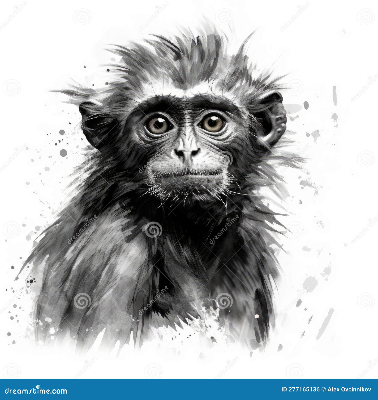 Impressionistic Realistic Blackwork Style Of A Cute Monkey On White ...