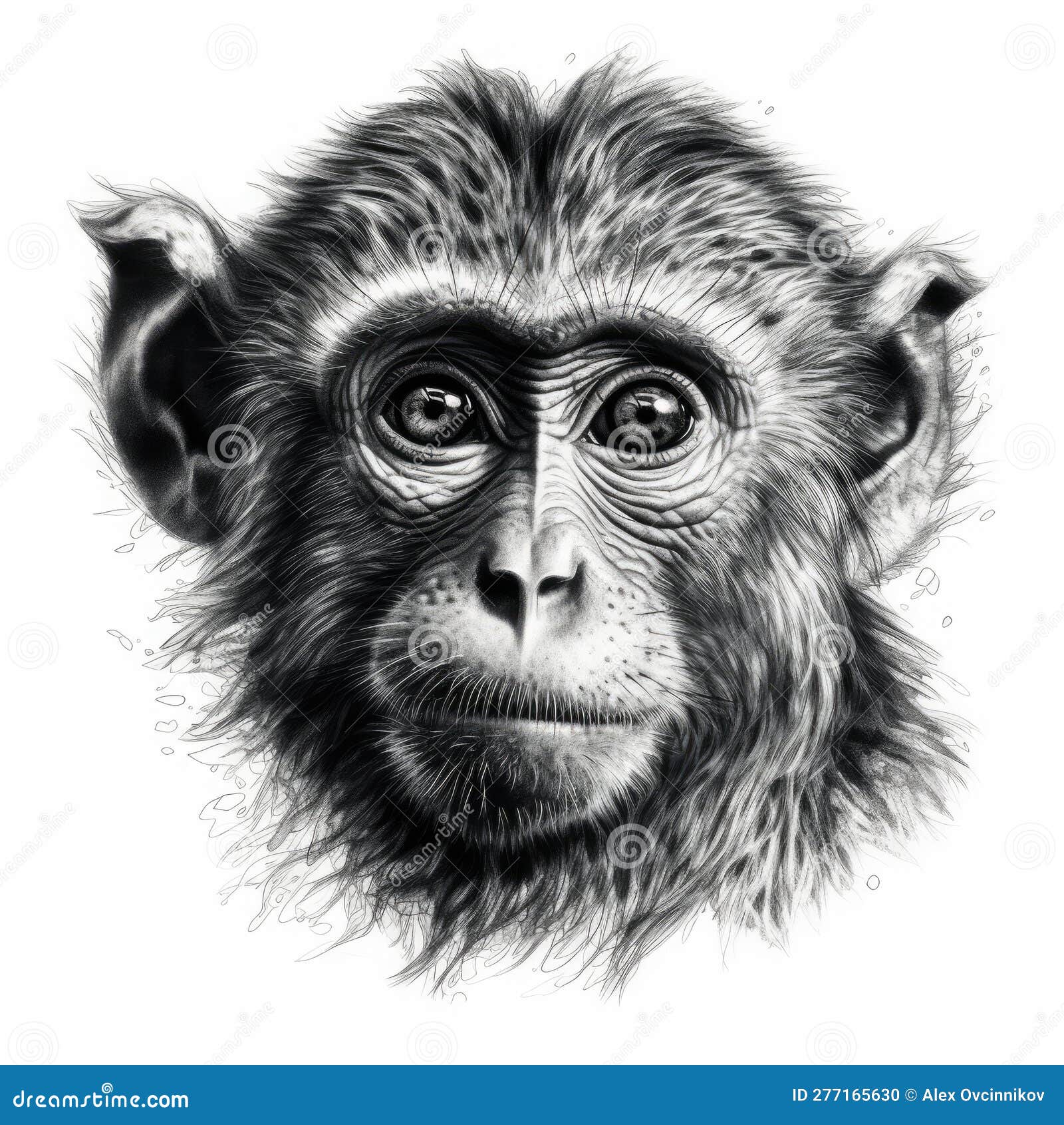 Impressionistic Realistic Blackwork Style Of A Cute Monkey On White ...